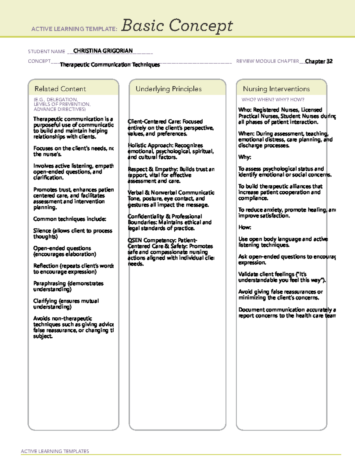 ACTIVE LEARNING TEMPLATE: Therapeutic Communication Techniques - Studocu