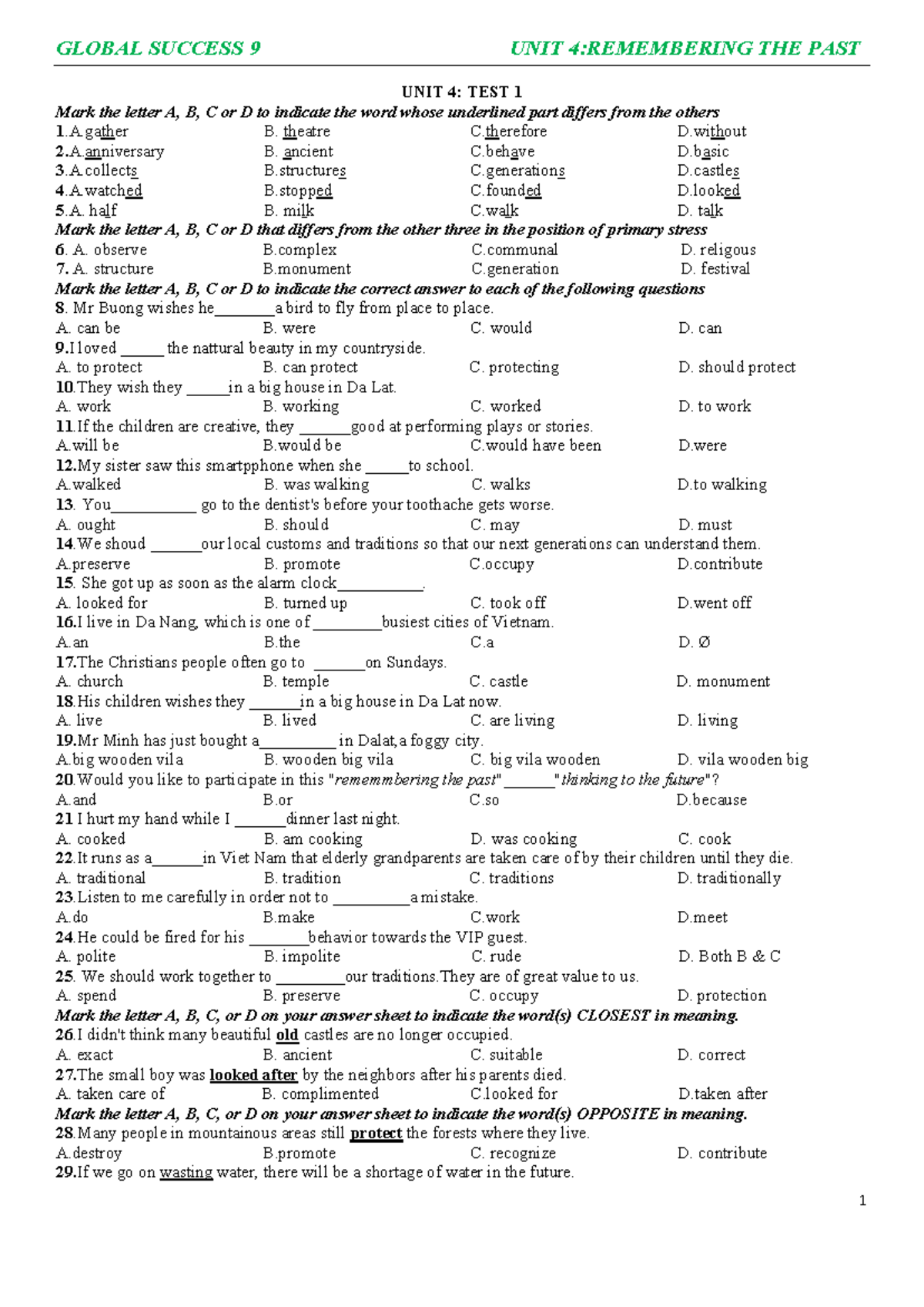 GLOBAL SUCCESS 9 UNIT 4: REMEMBERING THE PAST - TEST 1 - Studocu