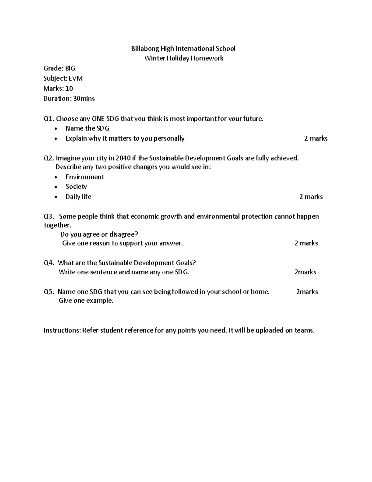 Grade 8IG EVM Winter Holiday Homework: Sustainable Development Goals ...