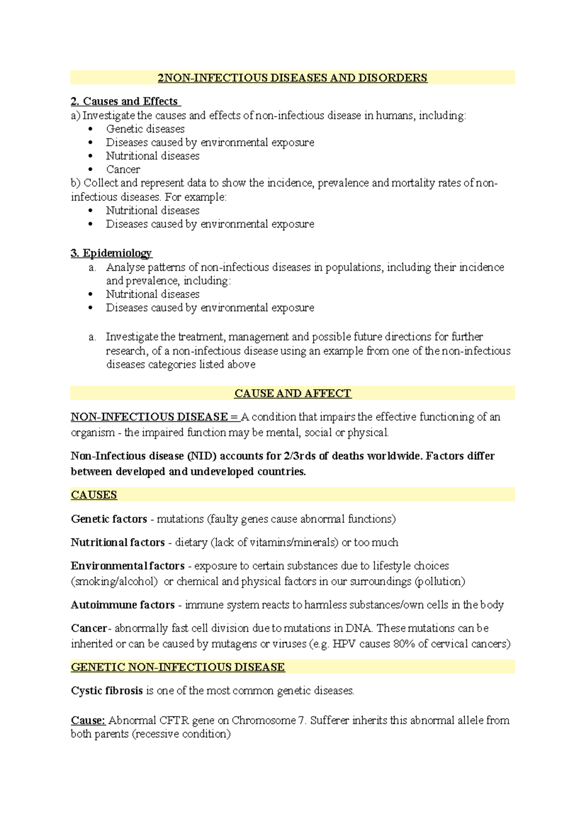 Final Summary on Non-Infectious Diseases and Disorders (NID) - Studocu