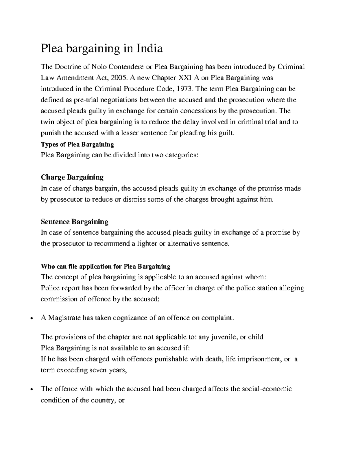 Plea Bargaining in India: Key Concepts and Procedures Notes - Studocu