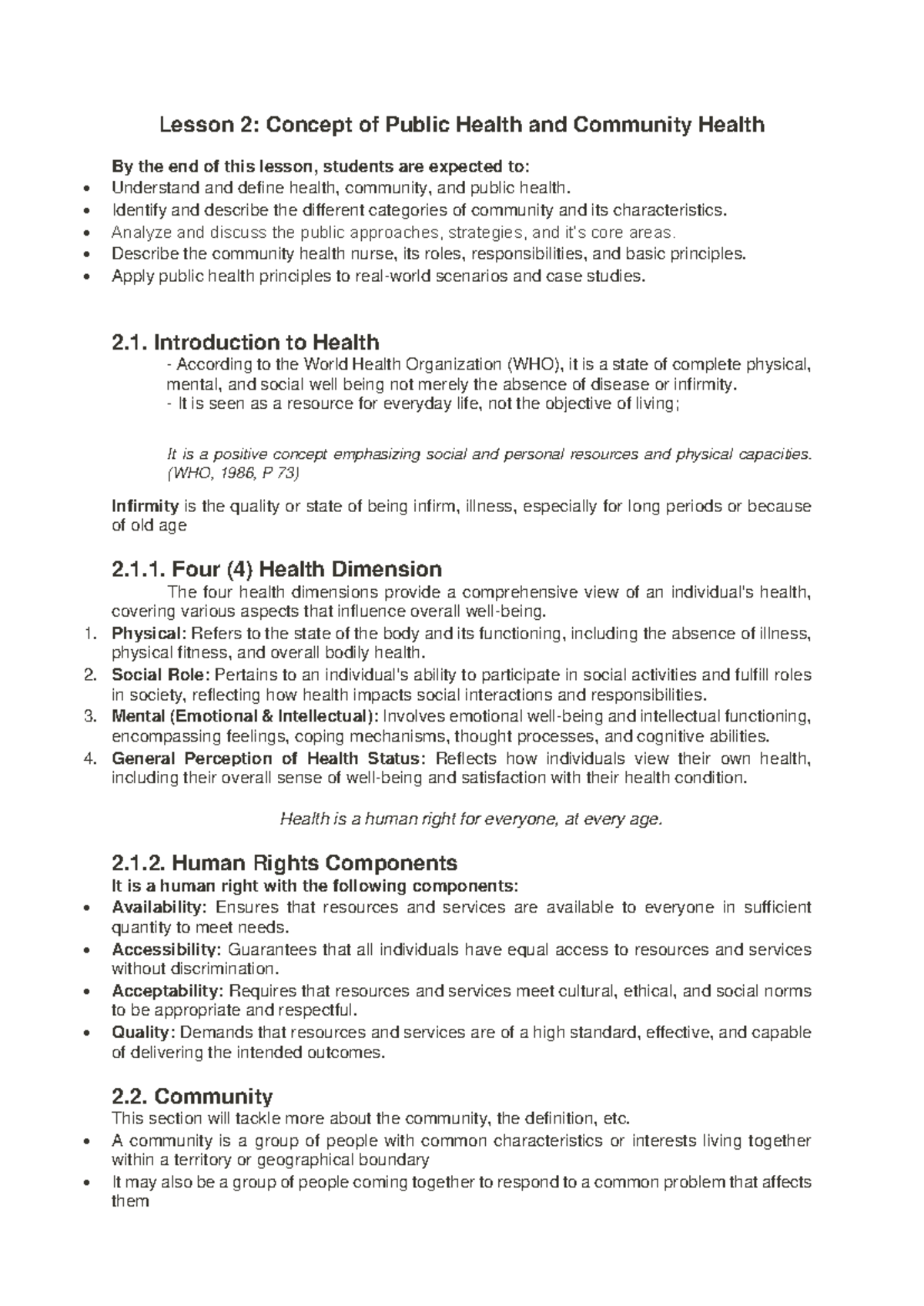CHN Review Notes 1 - LECTURE: Public and Community Health Concepts ...