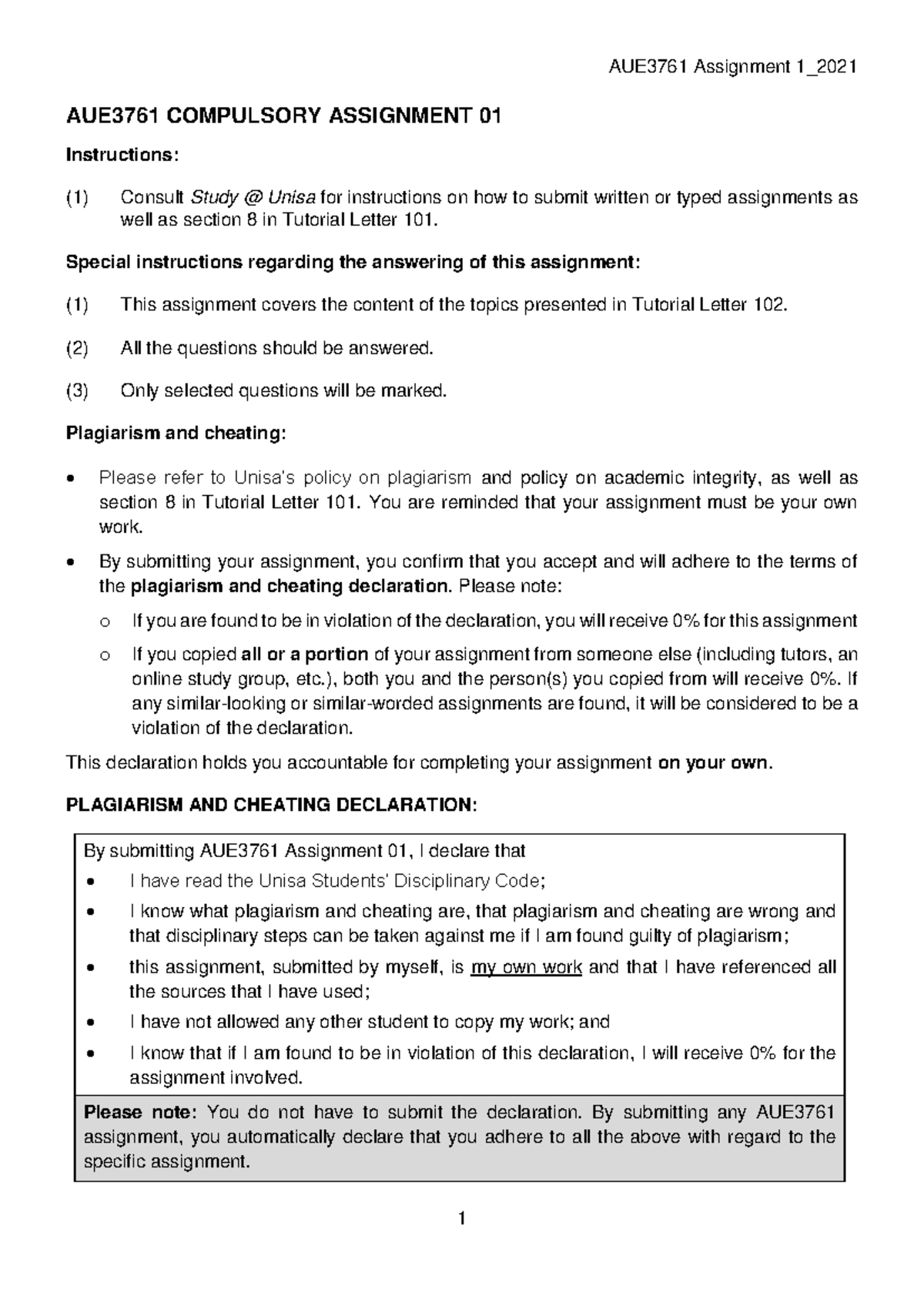 AUE3761 2021 Assignment 1 - Comprehensive Questions & Solutions - Studocu