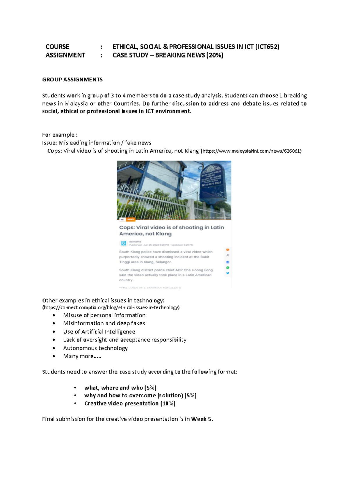 ICT652-Case Study on Ethical Issues in Breaking News Analysis - Studocu