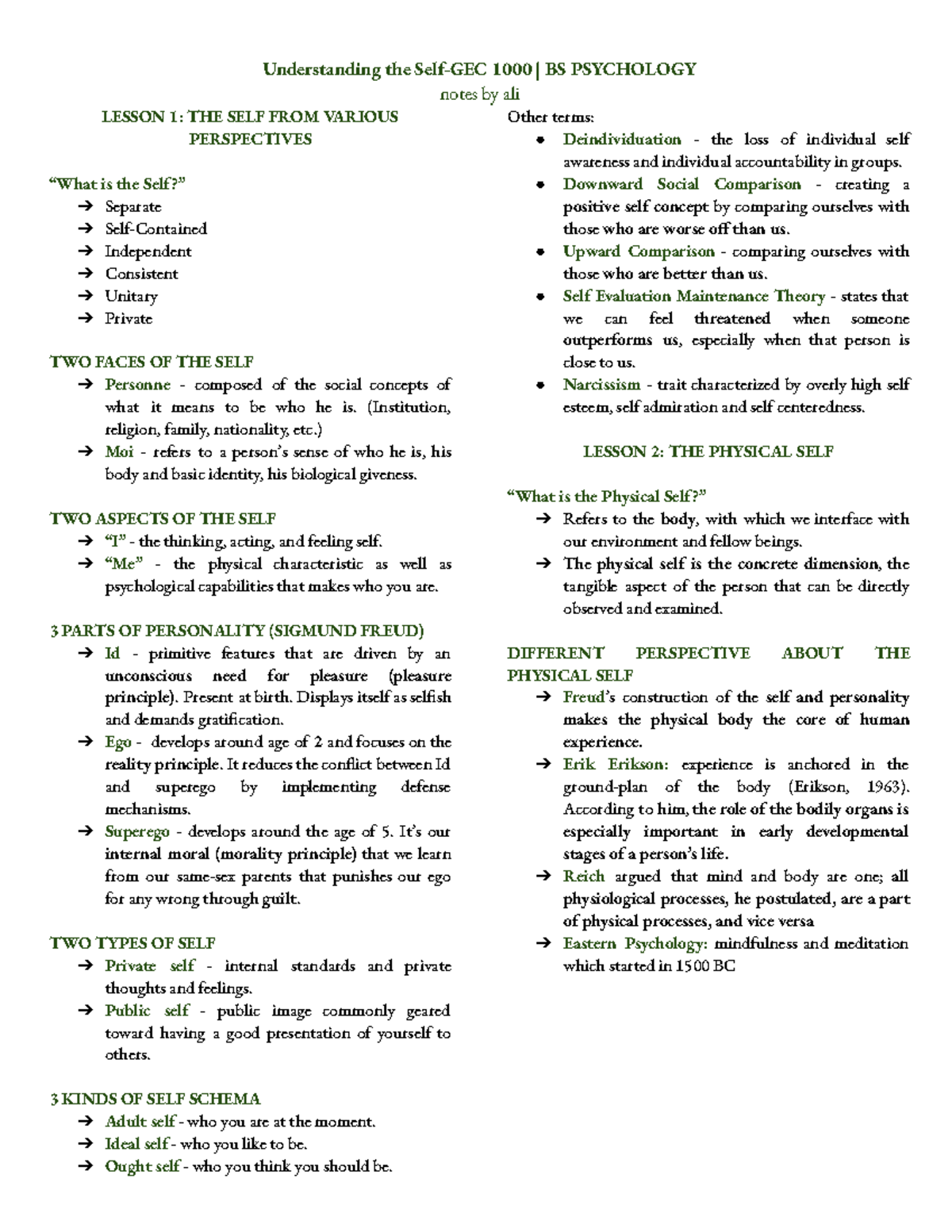 Understanding the self - notes by ali LESSON 1: THE SELF FROM VARIOUS ...
