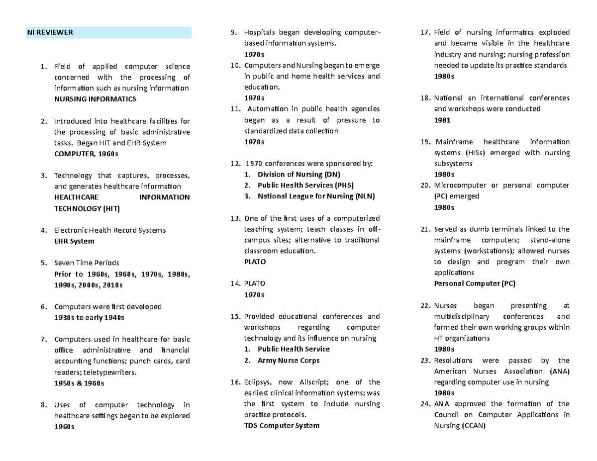 NURSING INFORMATICS REVIEWER: CHAPTERS 1-4 OVERVIEW - Studocu