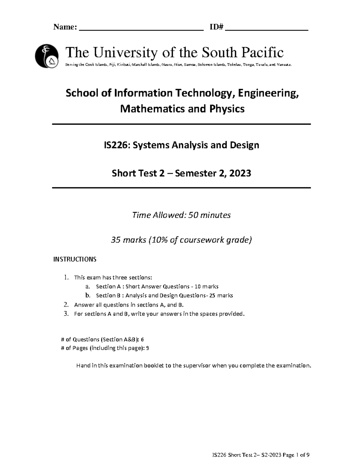 IS226: Systems Analysis and Design Short Test 2 Answers - Semester 2 ...