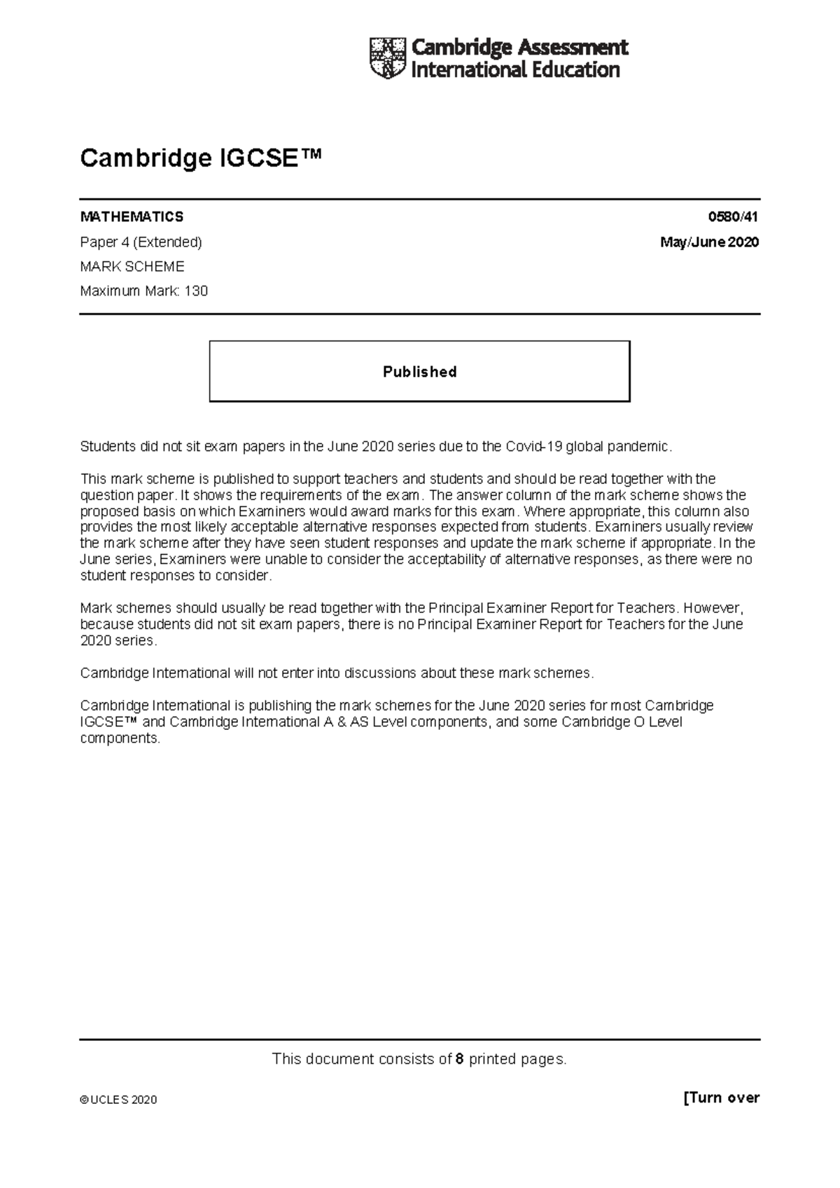 Cambridge IGCSE Mathematics Paper 4 (Extended) 2020 Mark Scheme - Studocu