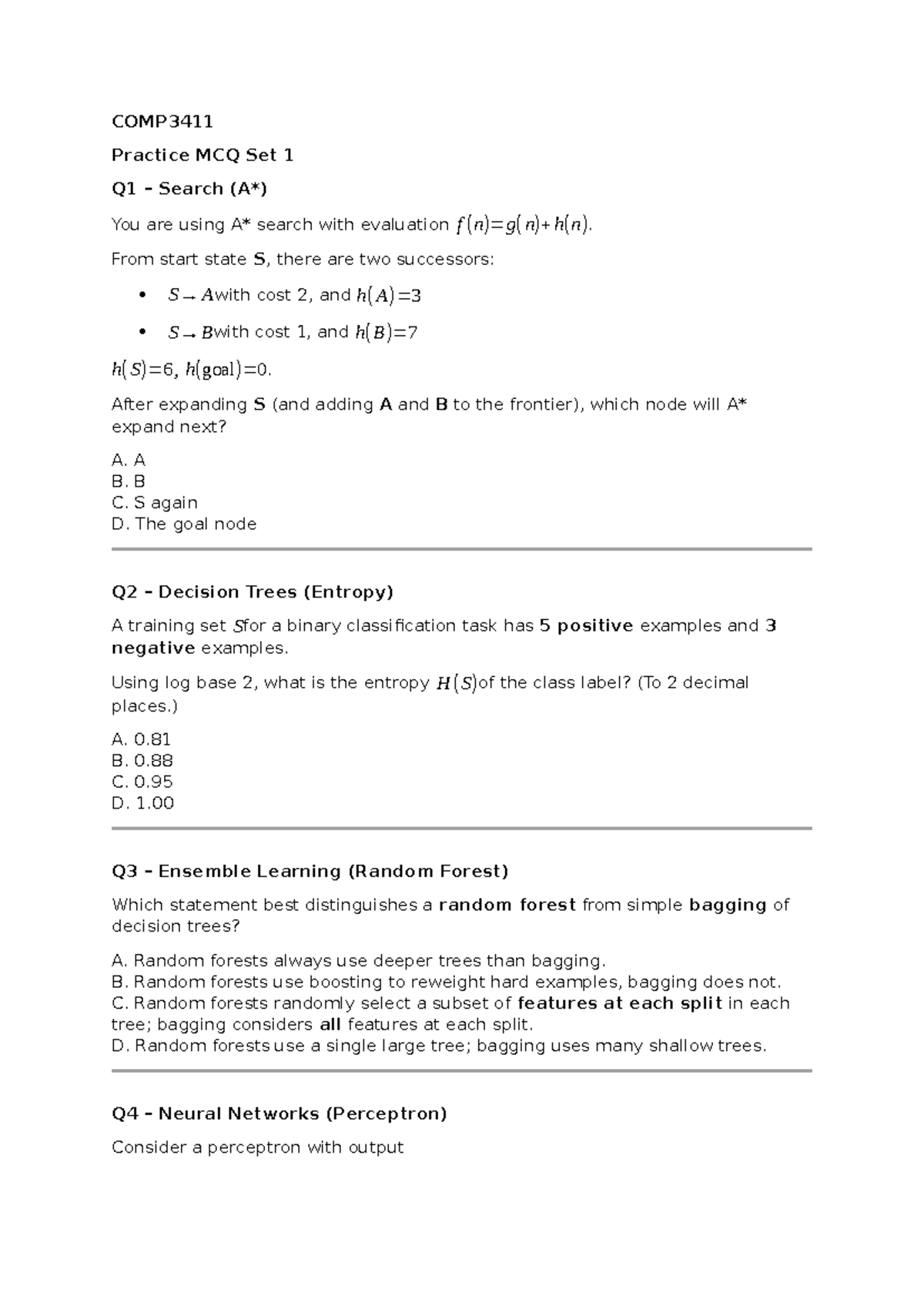 COMP3411 Practice MCQ Set 1: Search, Decision Trees, and More - Studocu