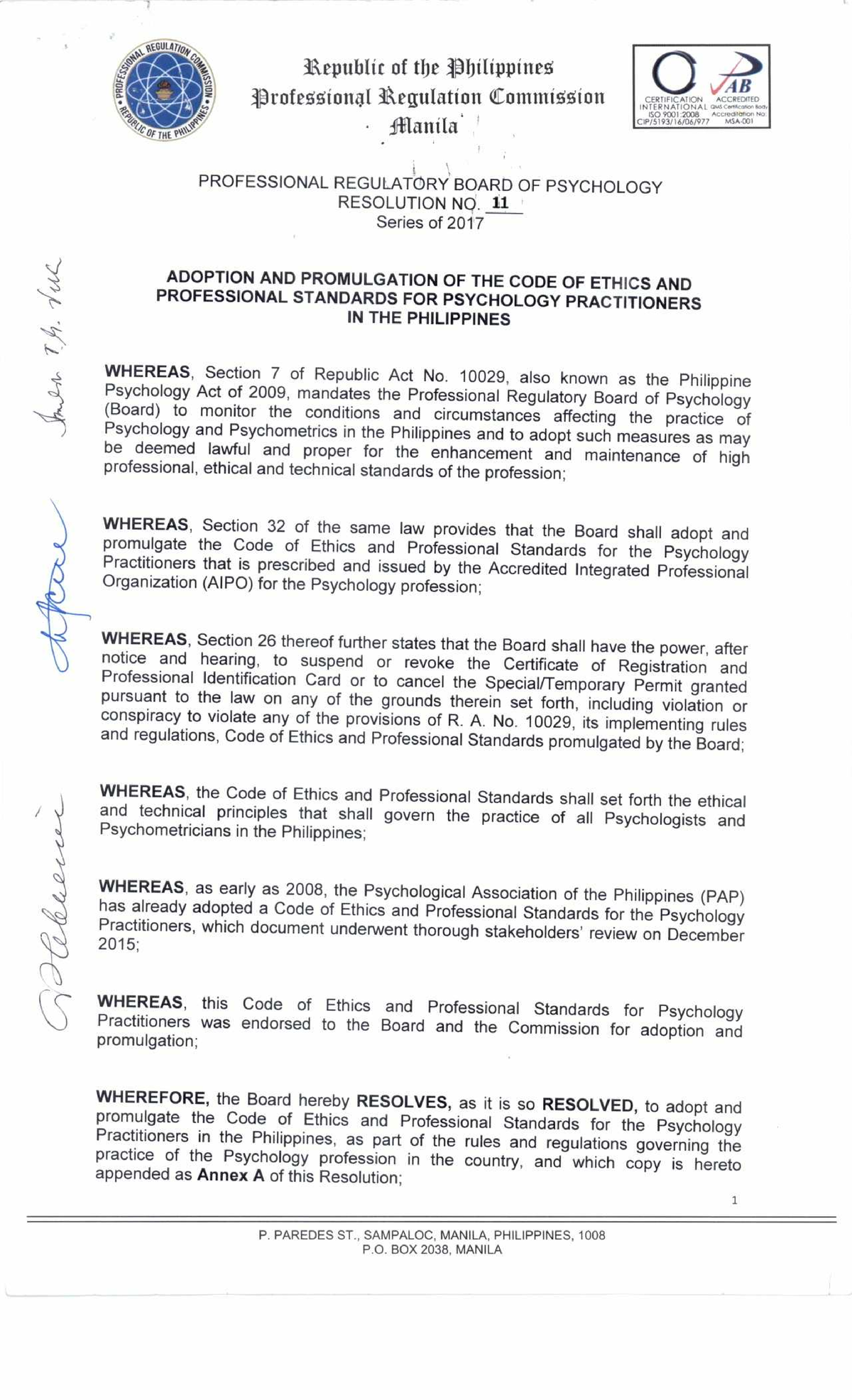 PRC Code of Ethics and Professional Standards for Psychology ...