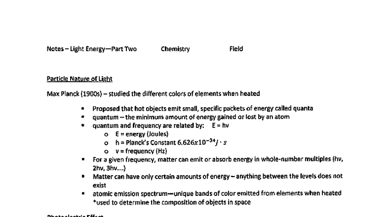 Light Chemistry Notes: Particle Nature & Quantum Theory - Studocu