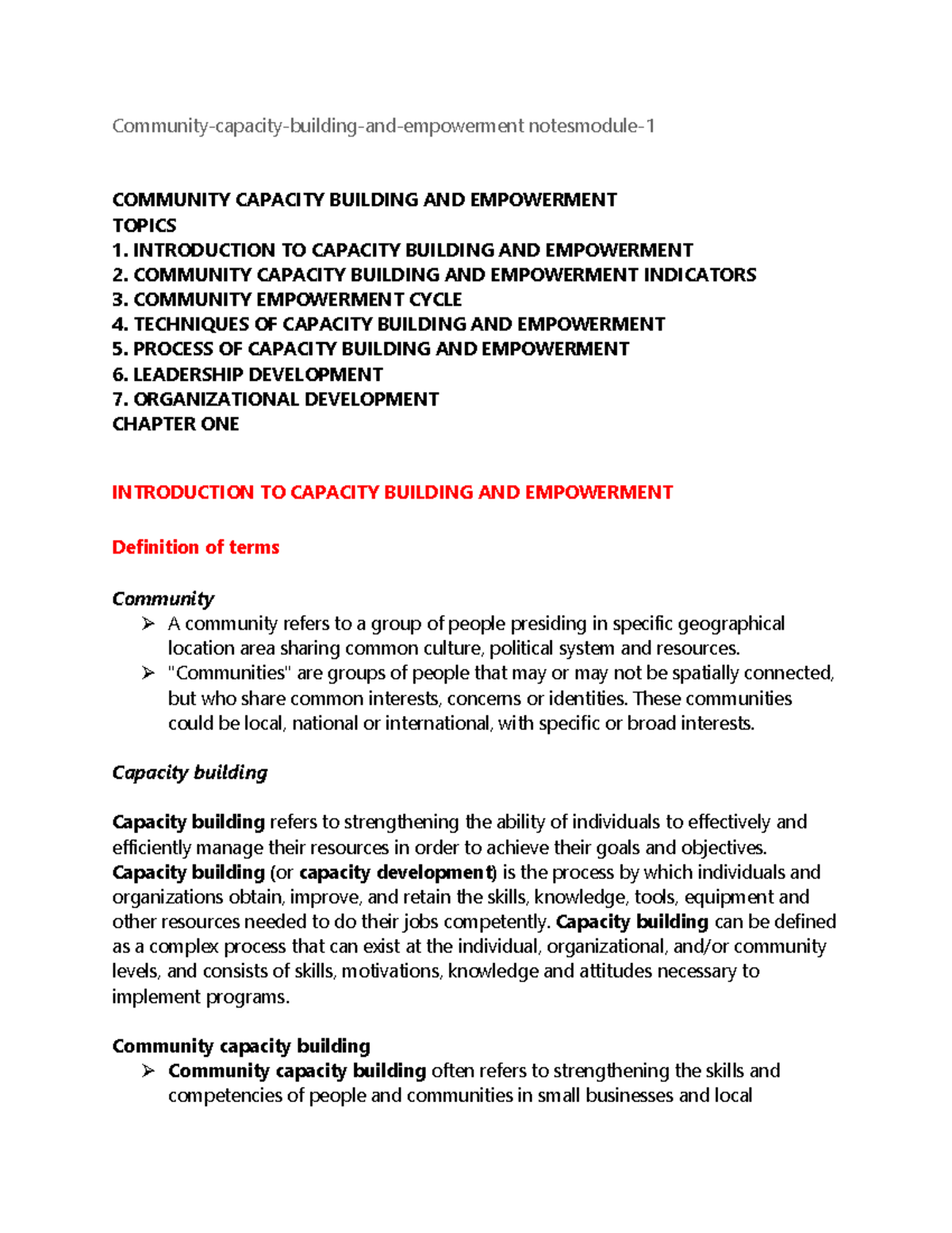 CBE 101: Community Capacity Building & Empowerment Study Notes - Studocu
