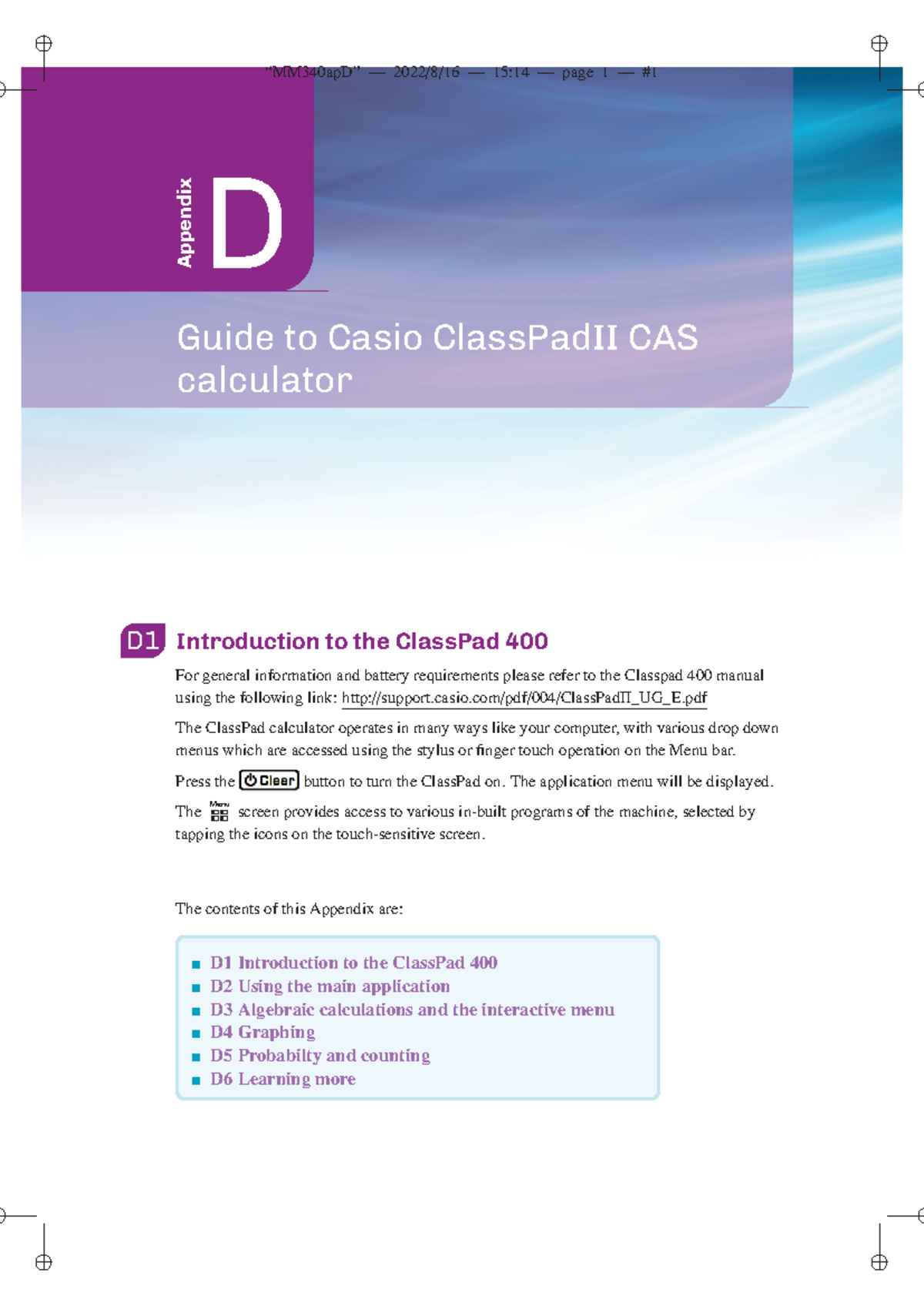 Appendix D Guide to the Casio Class Pad II CAS Calculator - “MM340apD” — 2022/ 8 /16 — 15:14 ...