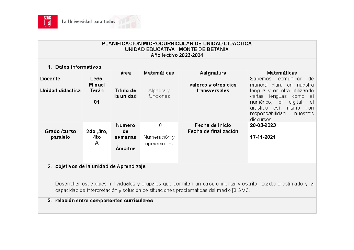 Planificacion Microcurricular Multigrado - PLANIFICACION MICROCURRICULAR DE UNIDAD DIDACTICA ...