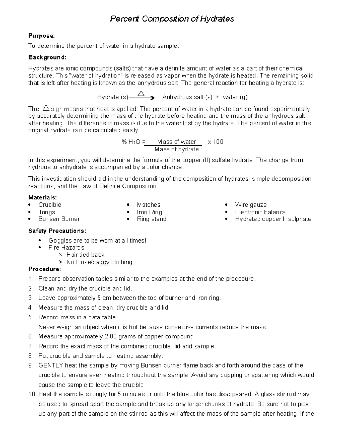 Percent Composition of Hydrates Lab (Chem 101) - Studocu