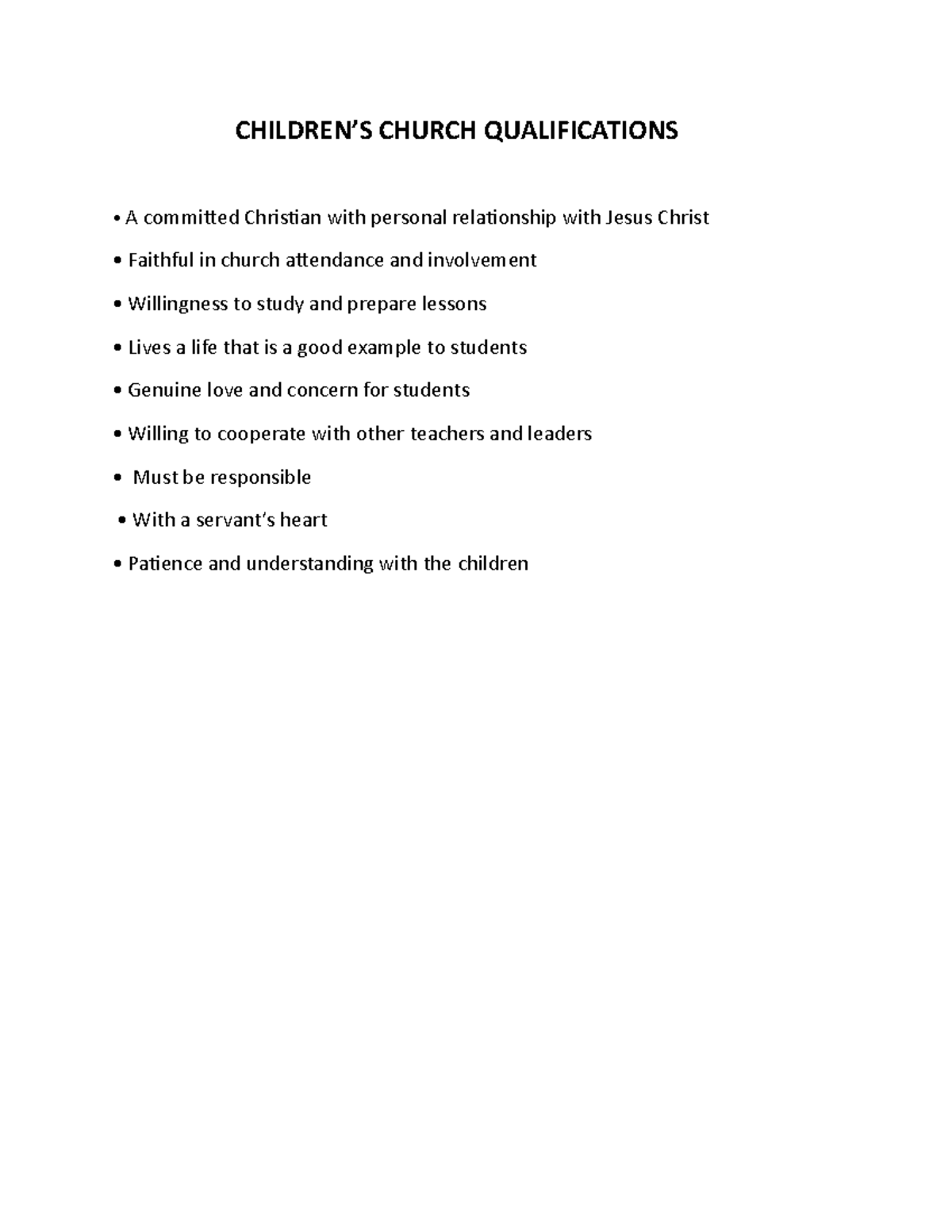 Children's Church Qualifications & Responsibilities Guide - Studocu