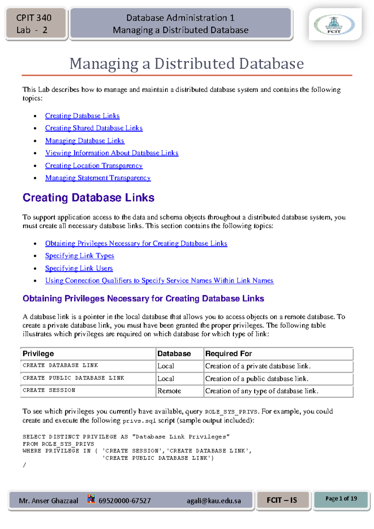 Distributed Database Systems - Managing a Distributed Database Lab - 2 ...