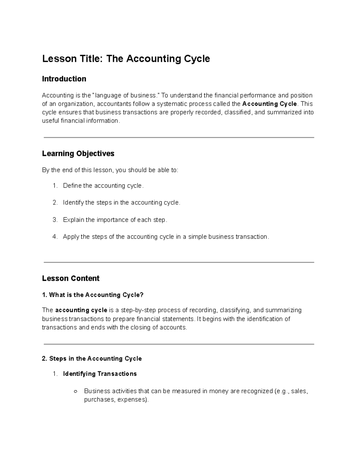 Lesson: Introduction to the Accounting Cycle (ACCT101) - Studocu