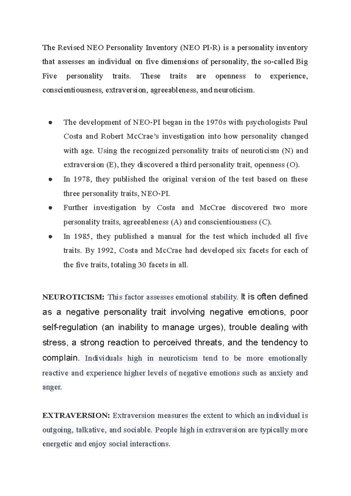 NEO PI-R Personality Inventory Manual Overview and Key Traits - Studocu