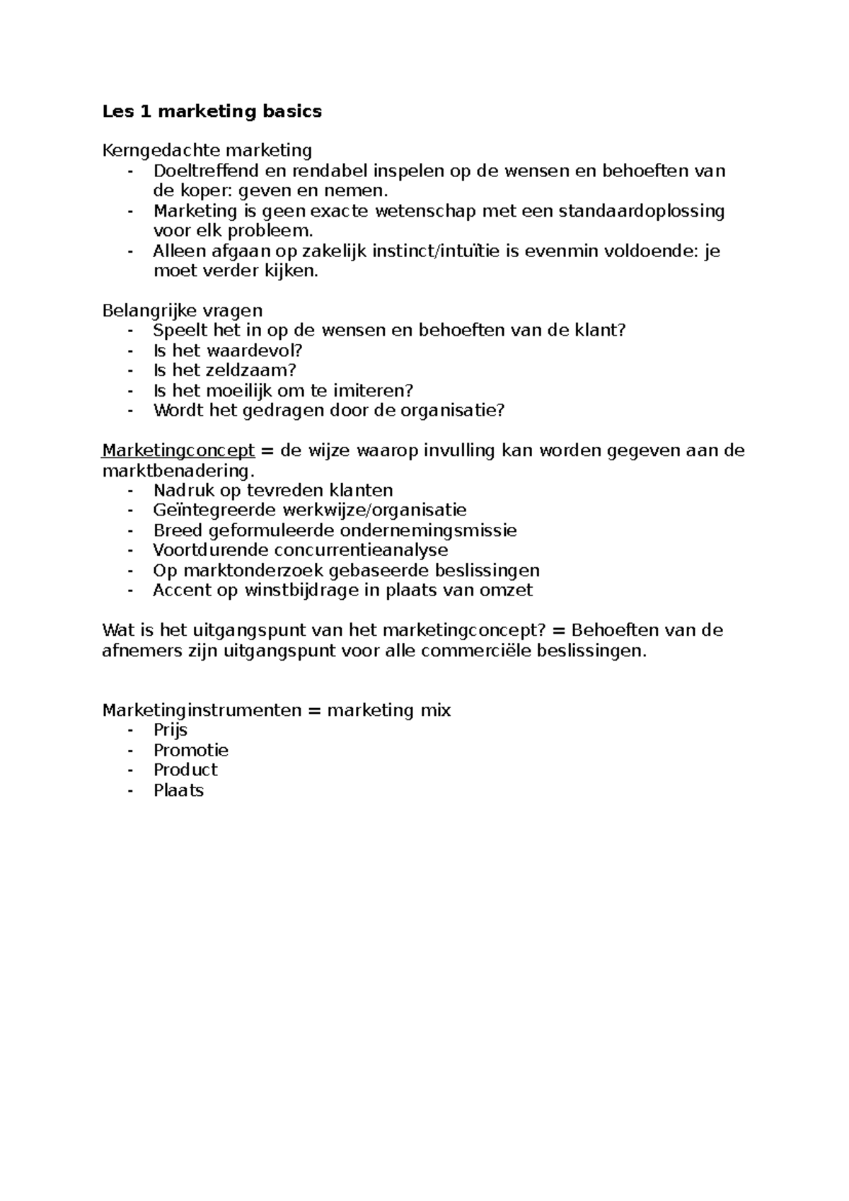 Marketing Basics Samenvatting - Les 1 tot 5 Overzicht - Studeersnel