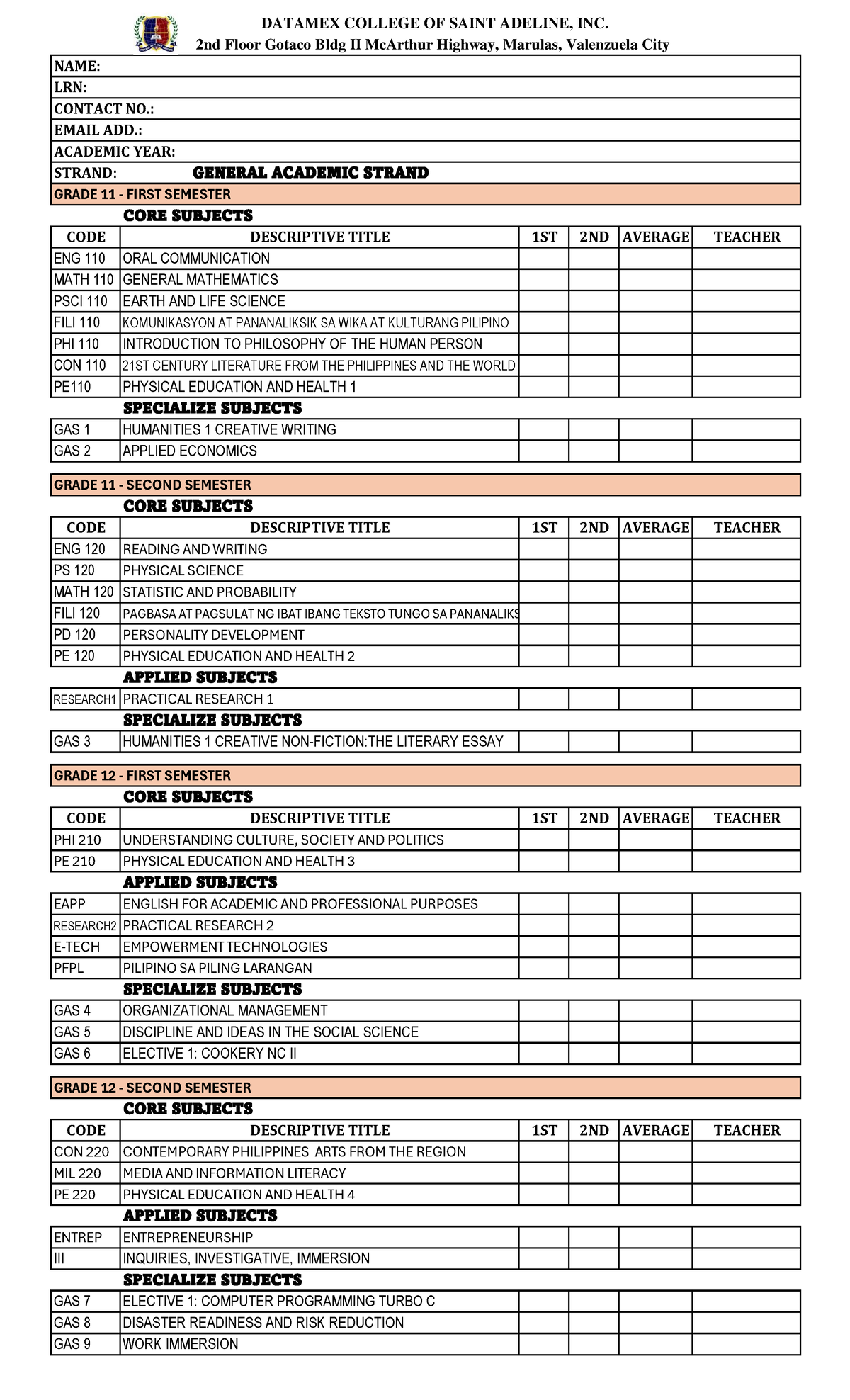 GAS Evaluation Form for Grade 11 & 12 Core Subjects - Studocu