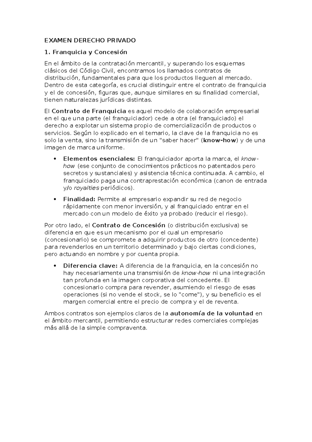 Examen Derecho Privado 1: Contratos de Franquicia y Concesión - Studocu