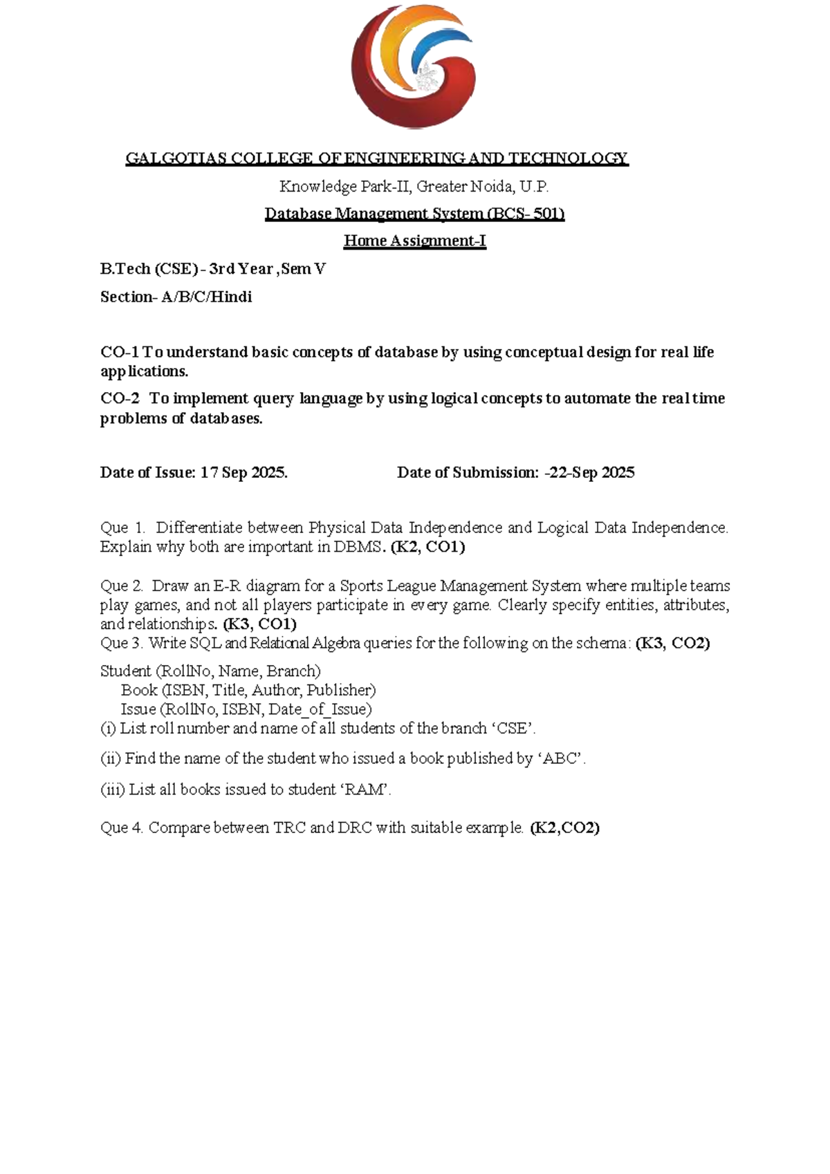 B.Tech CSE 3rd Year Sem V DBMS Home Assignment HA1 - Studocu