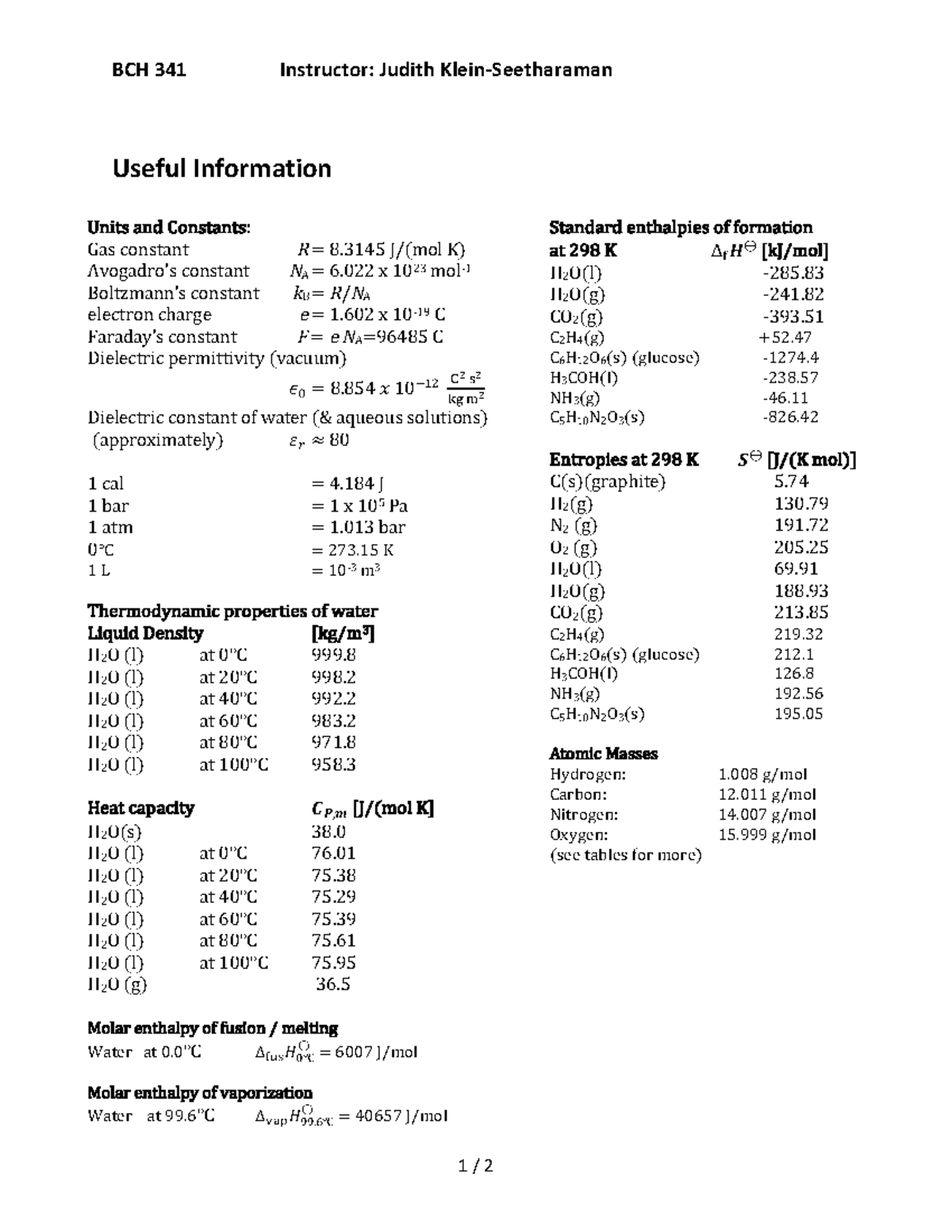 BCH 341 Final Exam Formula and Data Sheet by Judith - Studocu