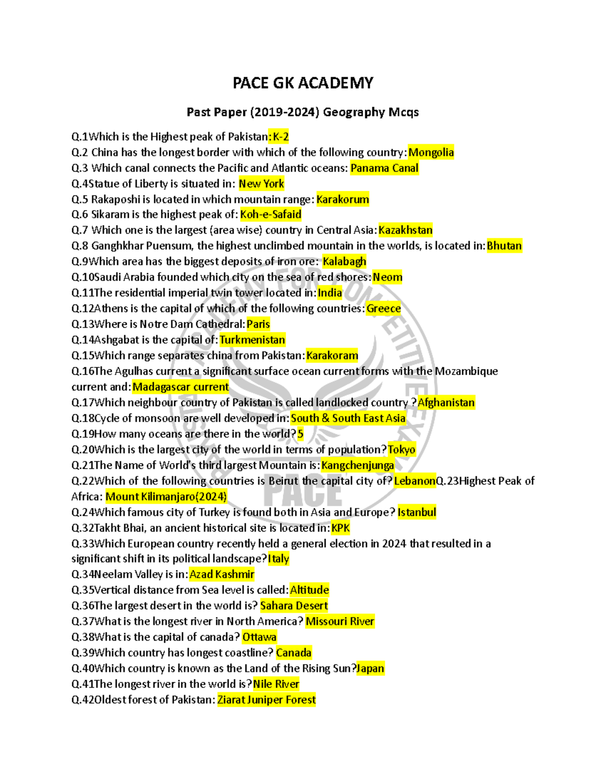 PACE GK ACADEMY Geography MCQs Past Paper Notes - Studocu