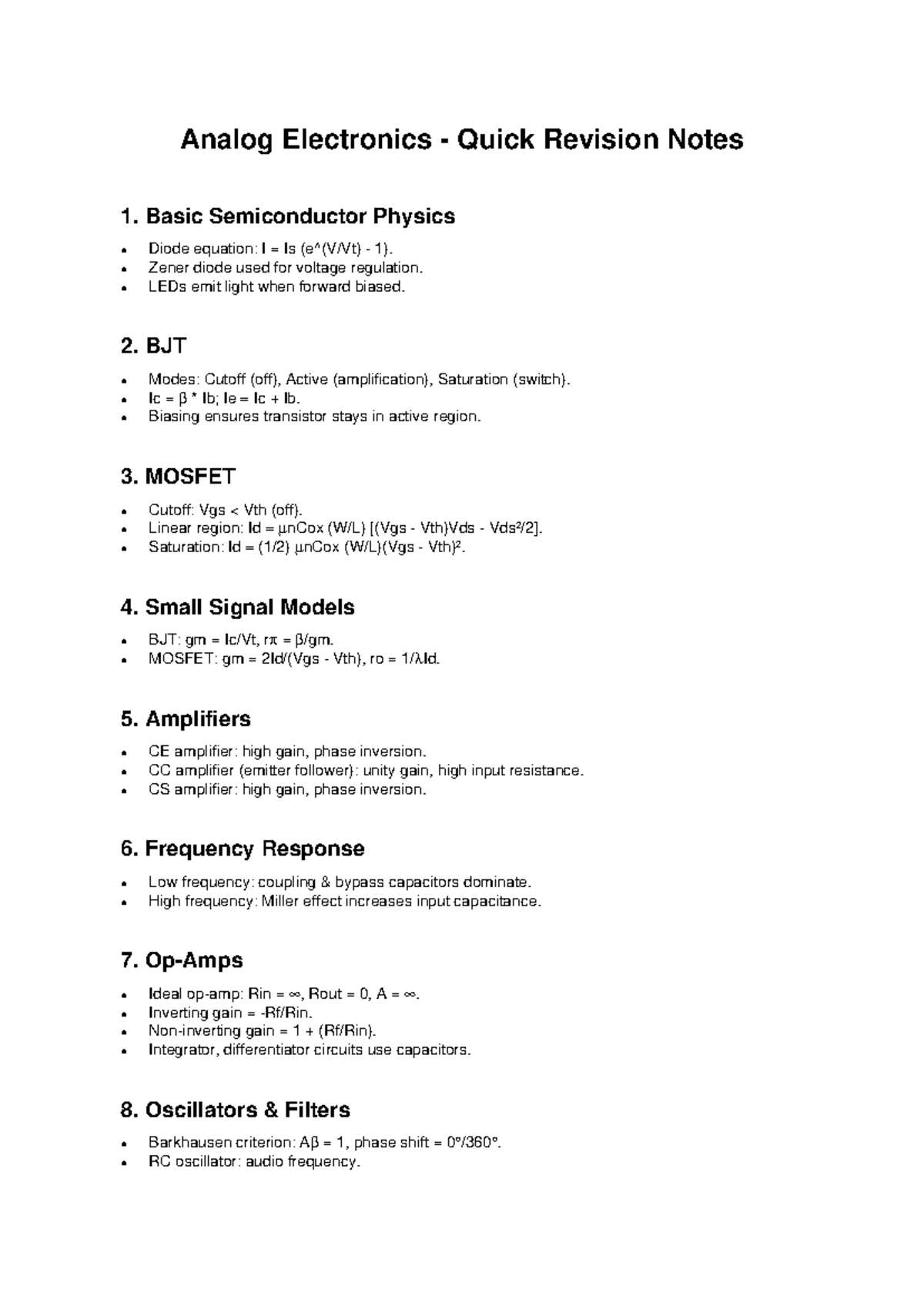 Analog Electronics Quick Revision Notes: Semiconductors & Amplifiers ...