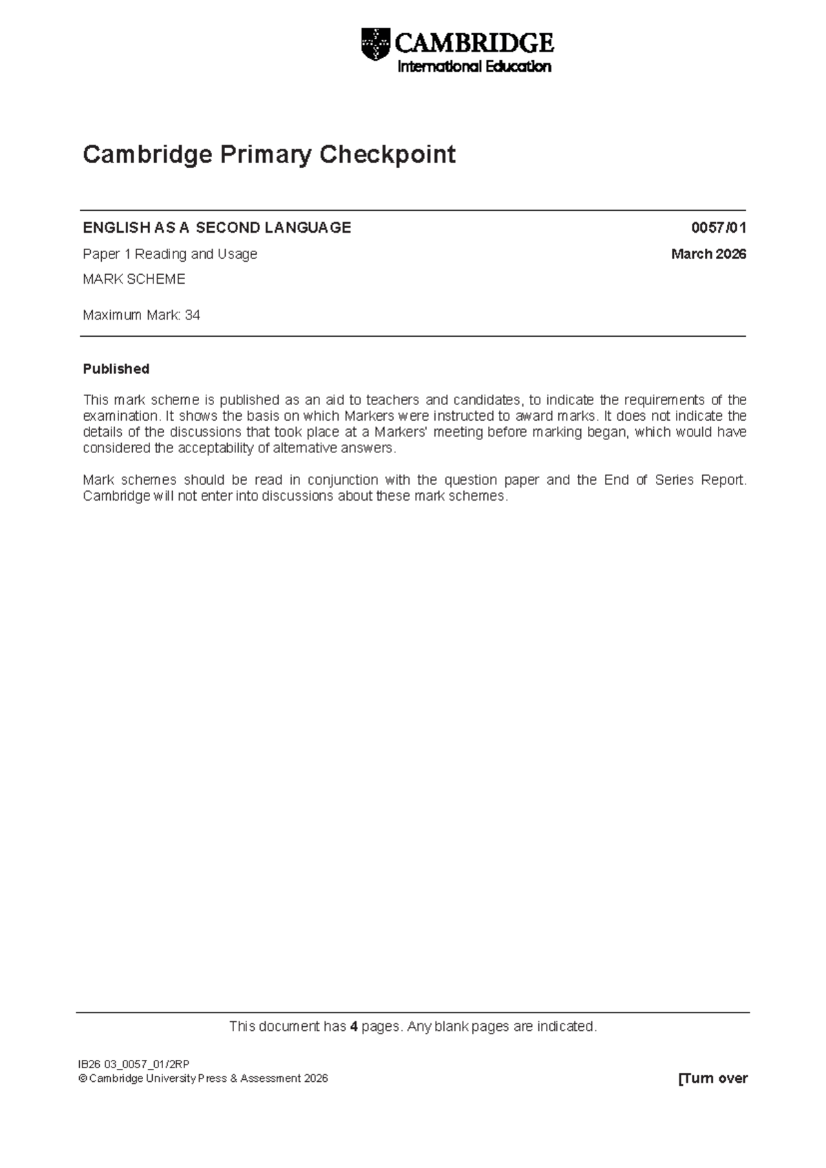 Cambridge Primary Checkpoint ESL Paper 1 Reading Mark Scheme March 2026 ...