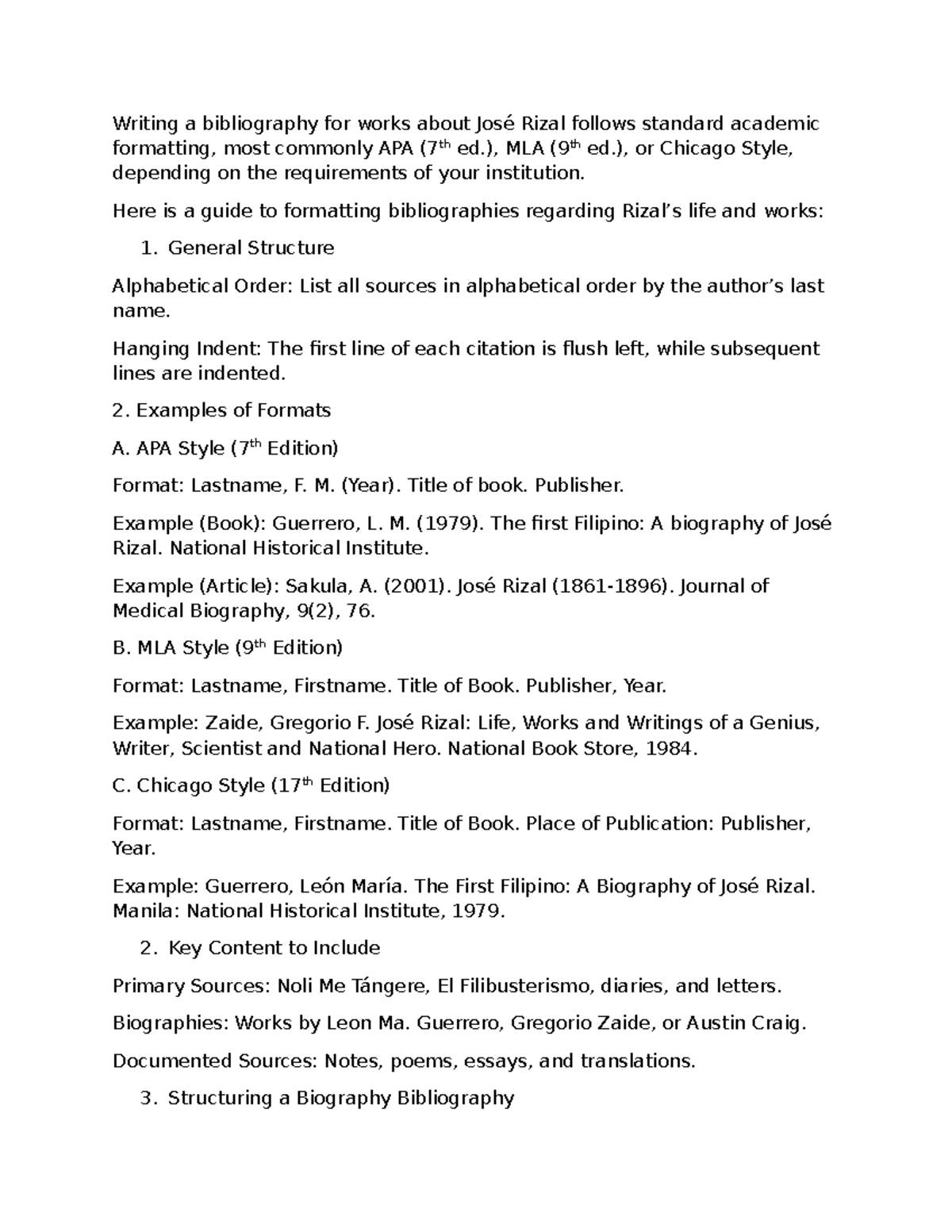 Bibliography Formatting Guide for José Rizal Works (APA, MLA, Chicago ...