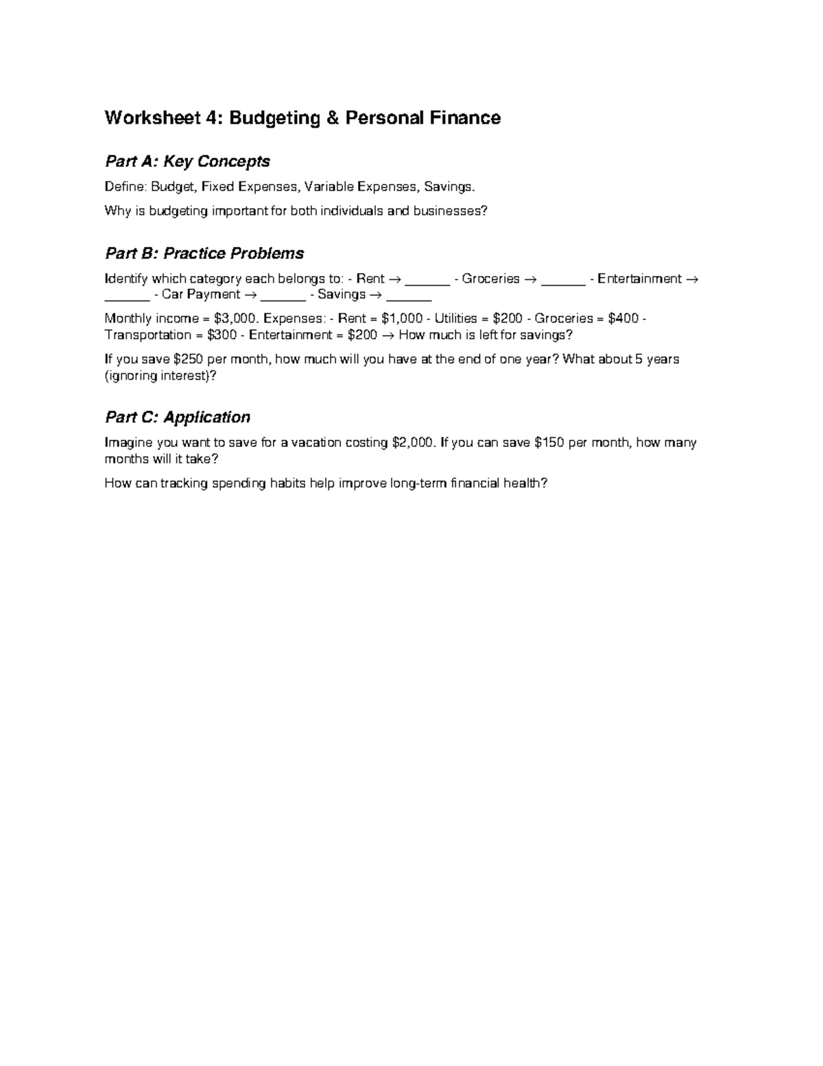 Worksheet 4: Budgeting & Personal Finance Concepts and Practice - Studocu