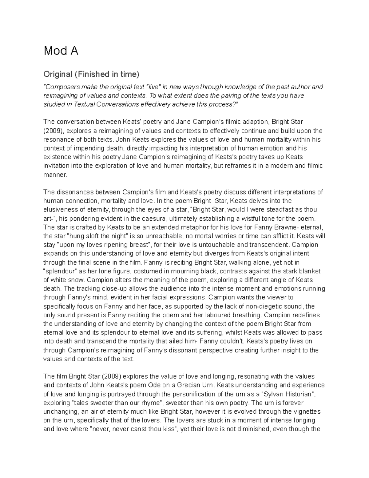 HSC Trials Adv Eng 2024 MOD A Essay: Exploring Love in Keats and Bright ...