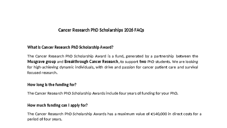 Breakthrough Cancer Research PhD Scholarship FAQs 2026 - Studocu