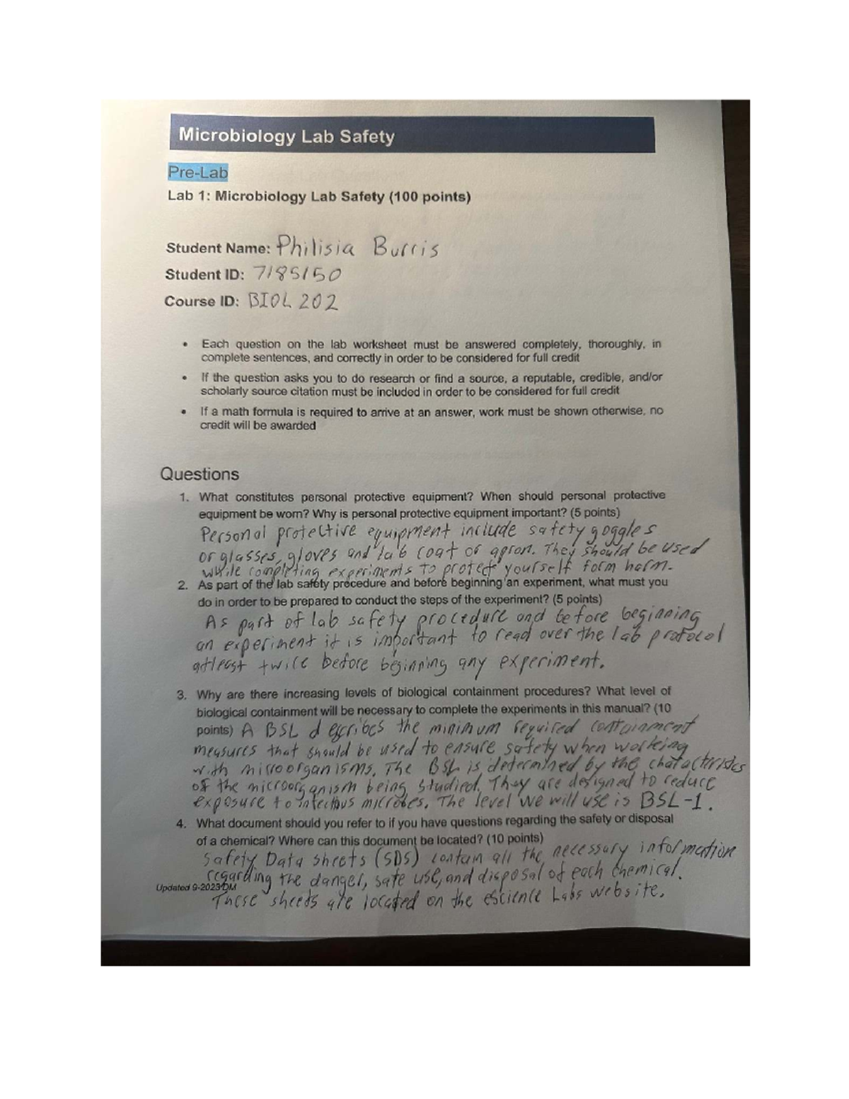 BIOL Microbiology Lab Safety Guidelines - Lab 1 (100 pts) - Studocu