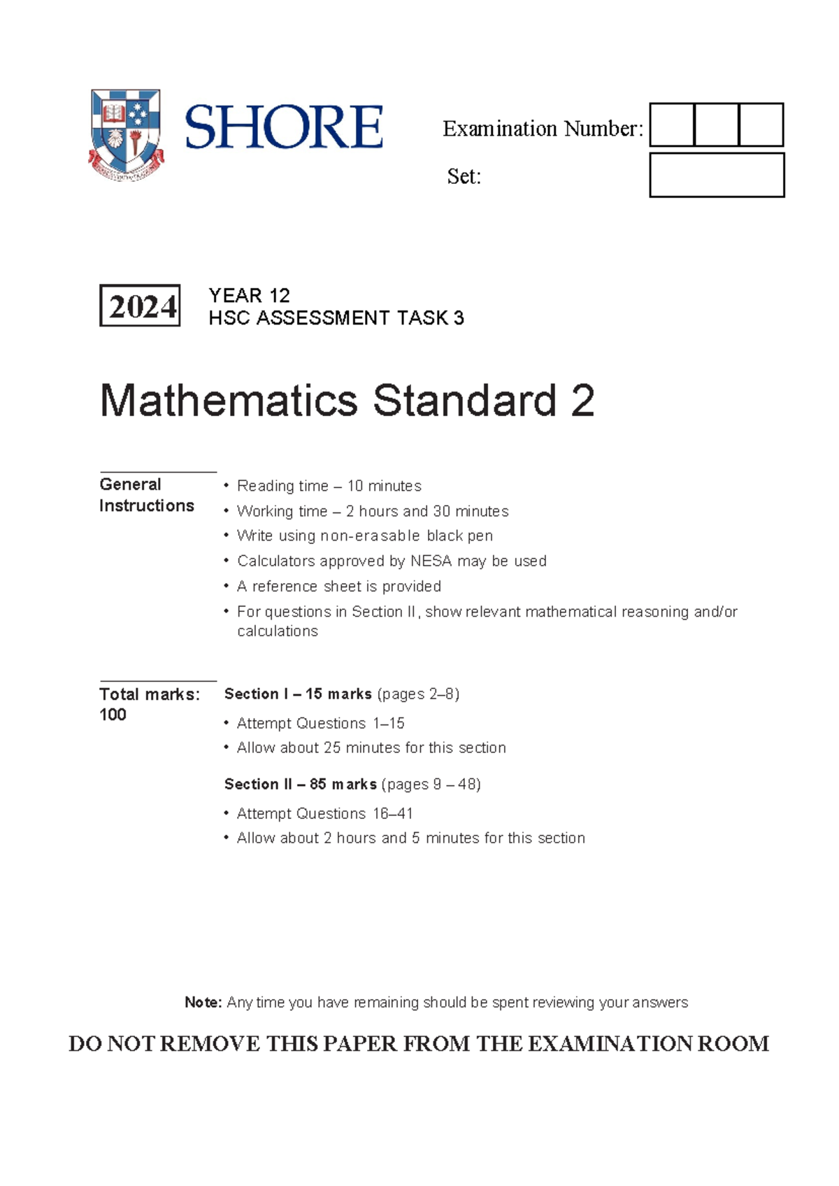 2024 Y12 HSC Mathematics Standard 2 Mid-Year Exam Paper - Studocu