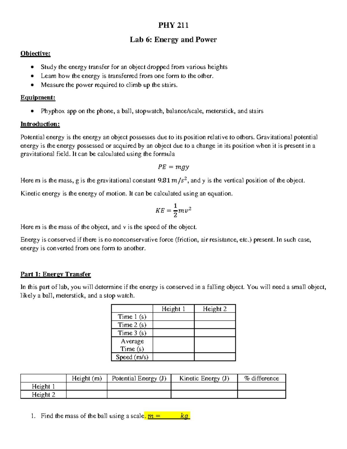 Lab 6: Energy and Power Analysis - PHY 211 - Studocu