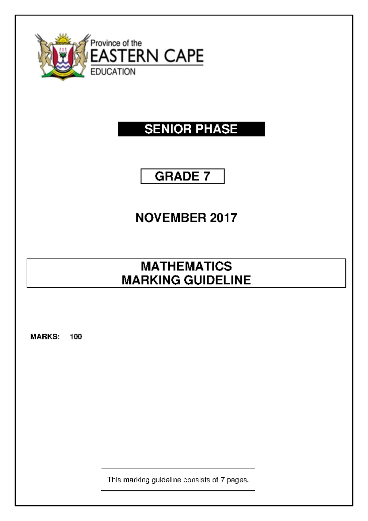 MATH GR7 MARKING GUIDELINES NOV2017 (EC) - Studocu