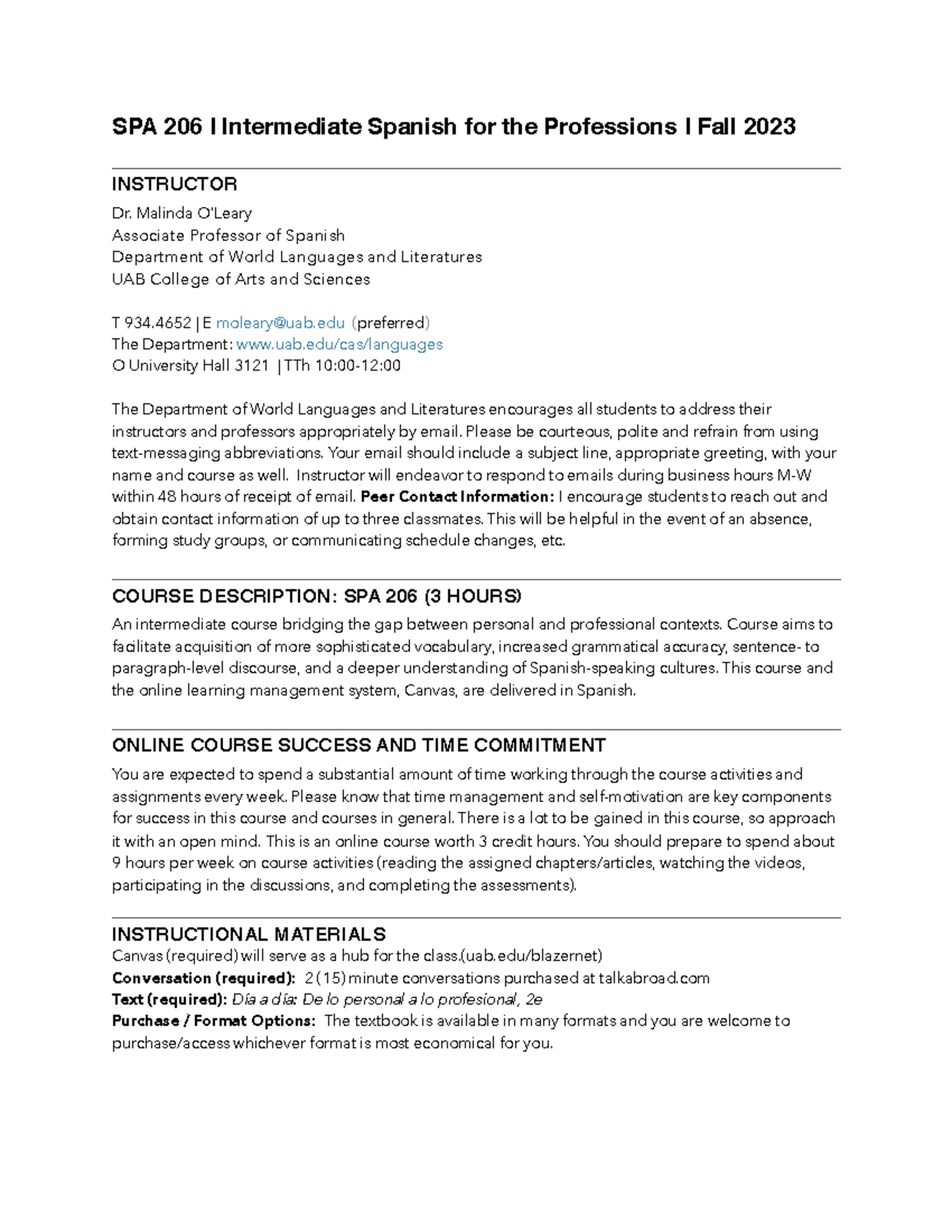 SPA 206 Fall 2023 Online Course Syllabus & Important Details - Studocu