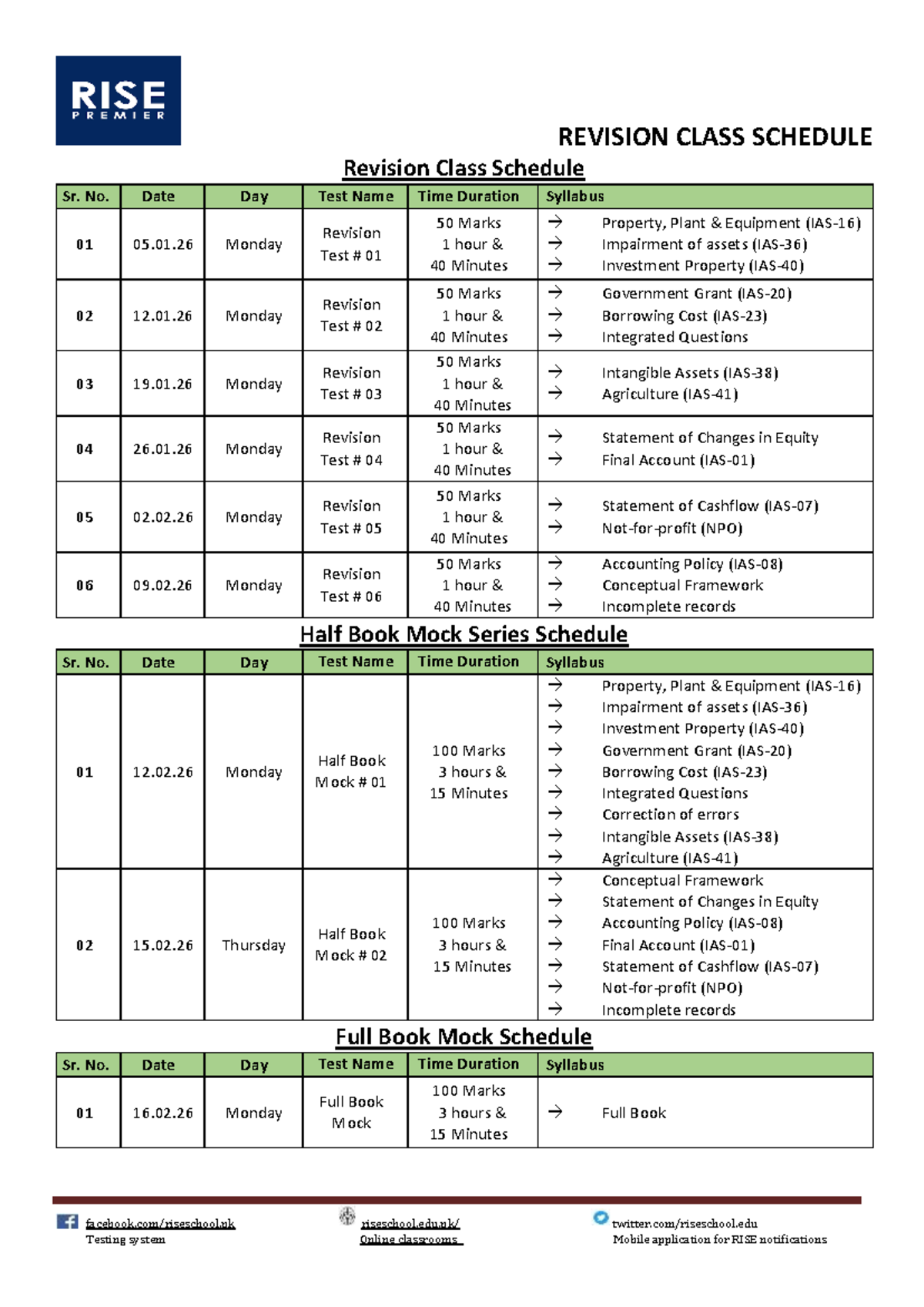 FAR Tests Schedule: Revision & Mock Tests Overview - Studocu
