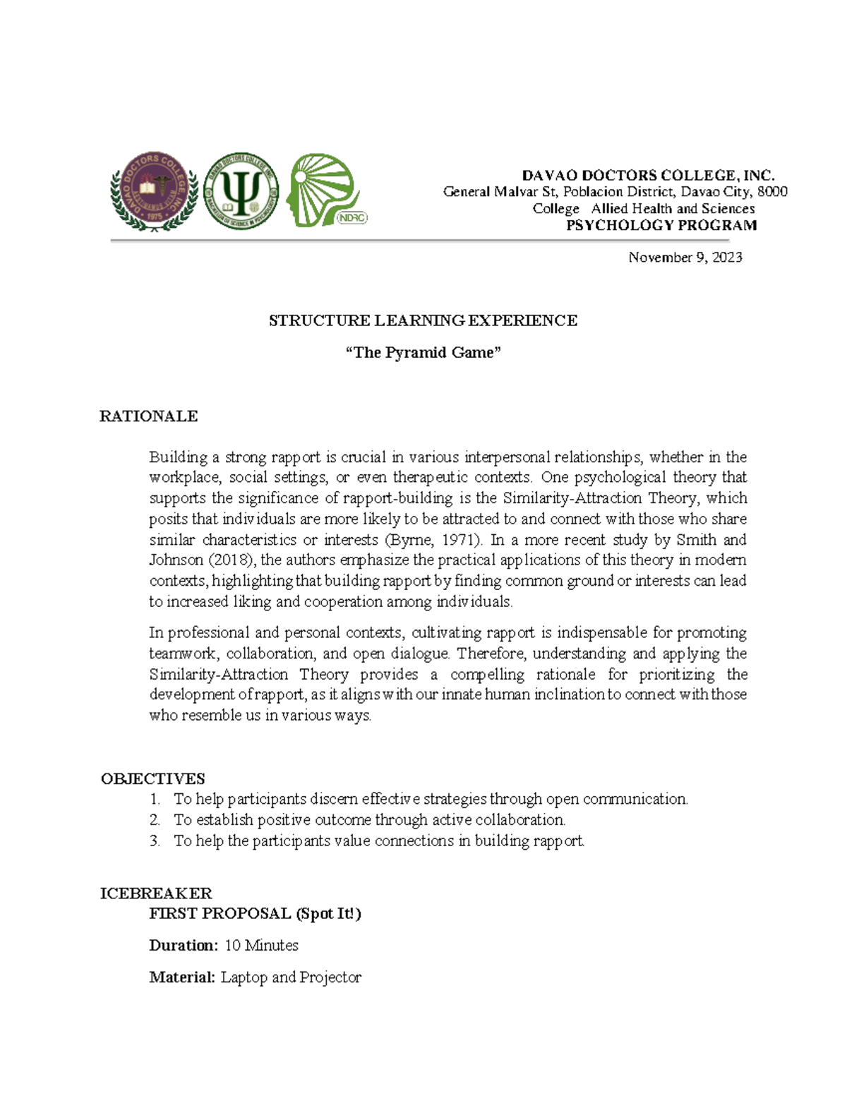 Structured Learning Experience 1: Building Rapport Through Games - Studocu
