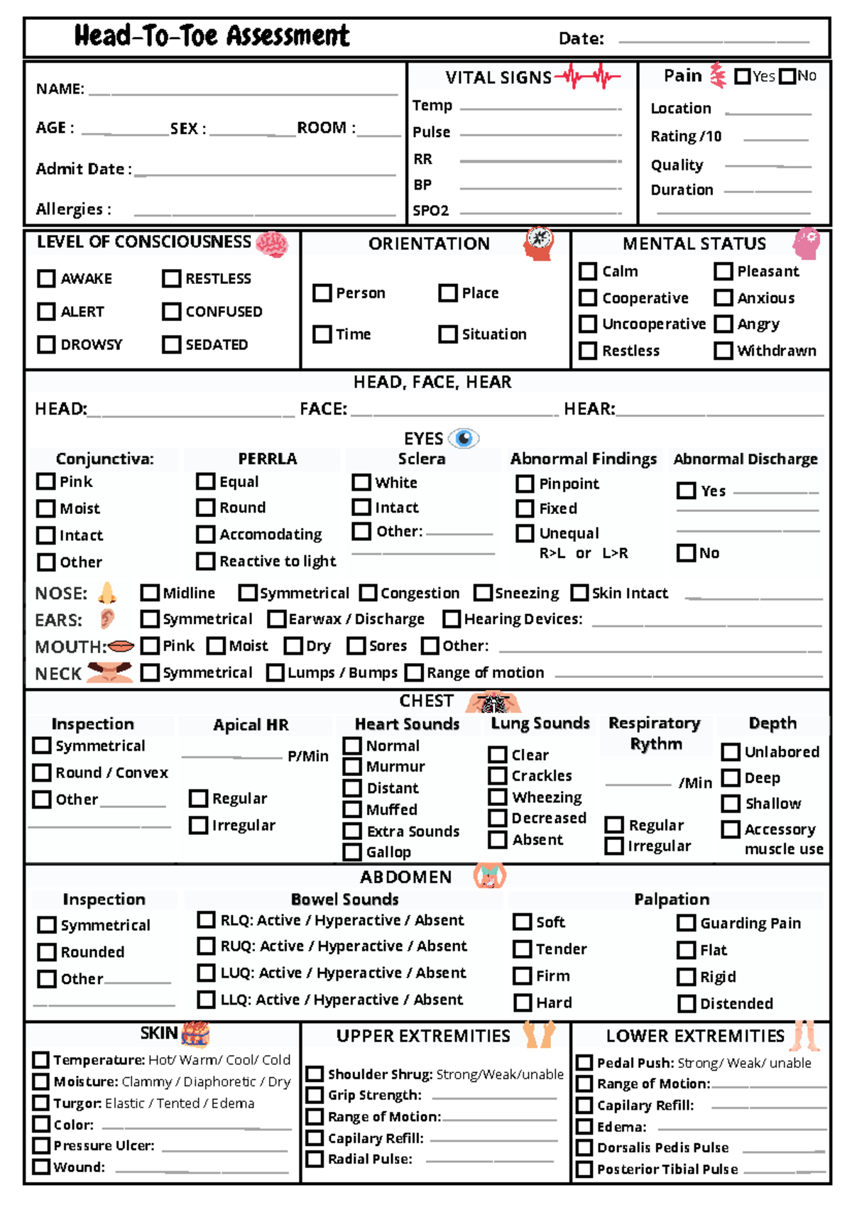 Head-to-Toe Nursing Assessment Checklist for Students / New Graduates ...
