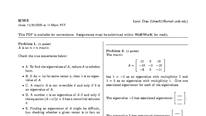 MATH 4A HW8: Eigenvalues and Eigenvectors Problems - Studocu