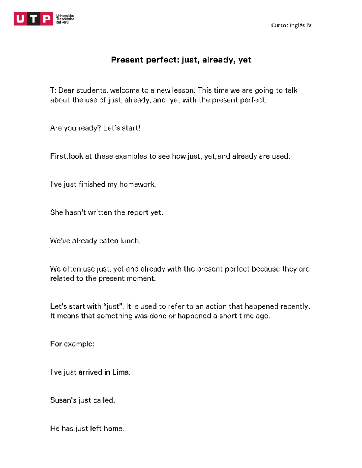 UTP Inglés IV Lesson: Present Perfect with Just, Already, Yet - Studocu