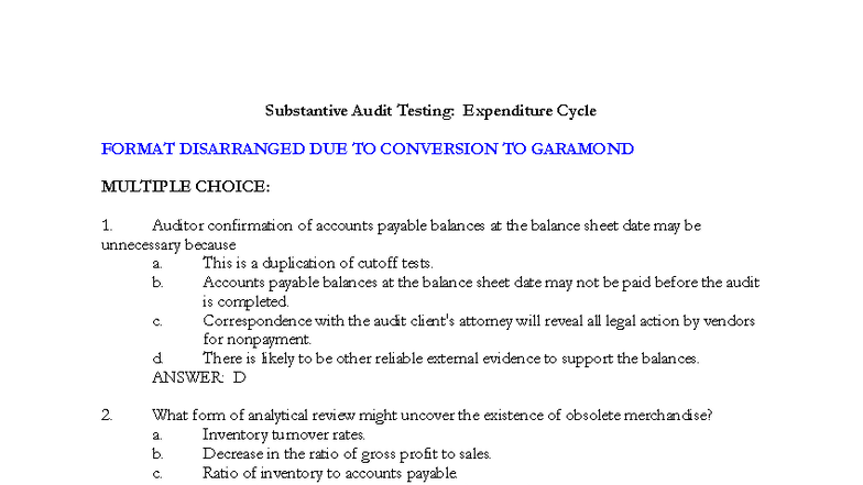 AP.04.04 Substantive Audit Testing: Expenditure Cycle MCQ Review - Studocu