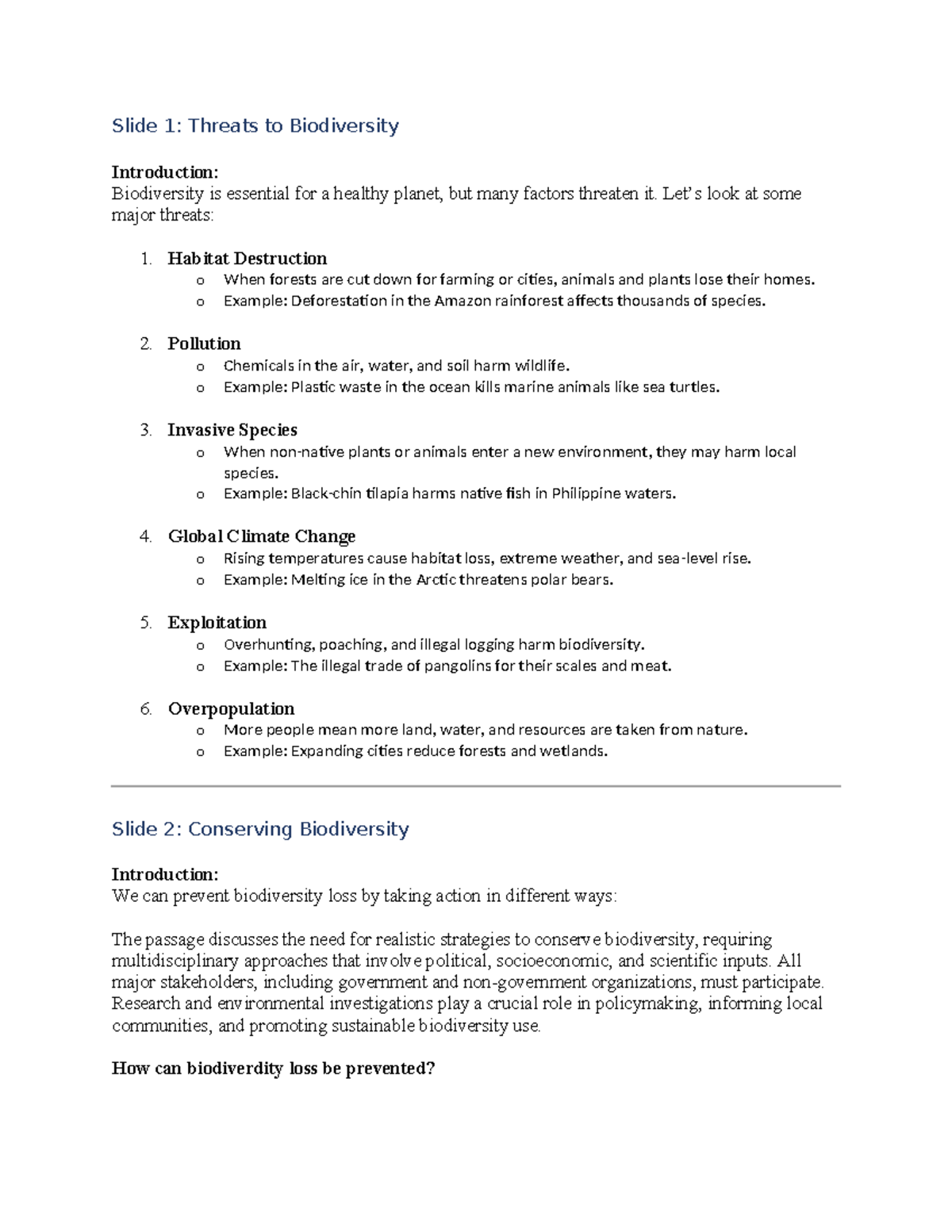 Biodiversity Threats & Conservation Strategies: Sts-script Report Notes ...