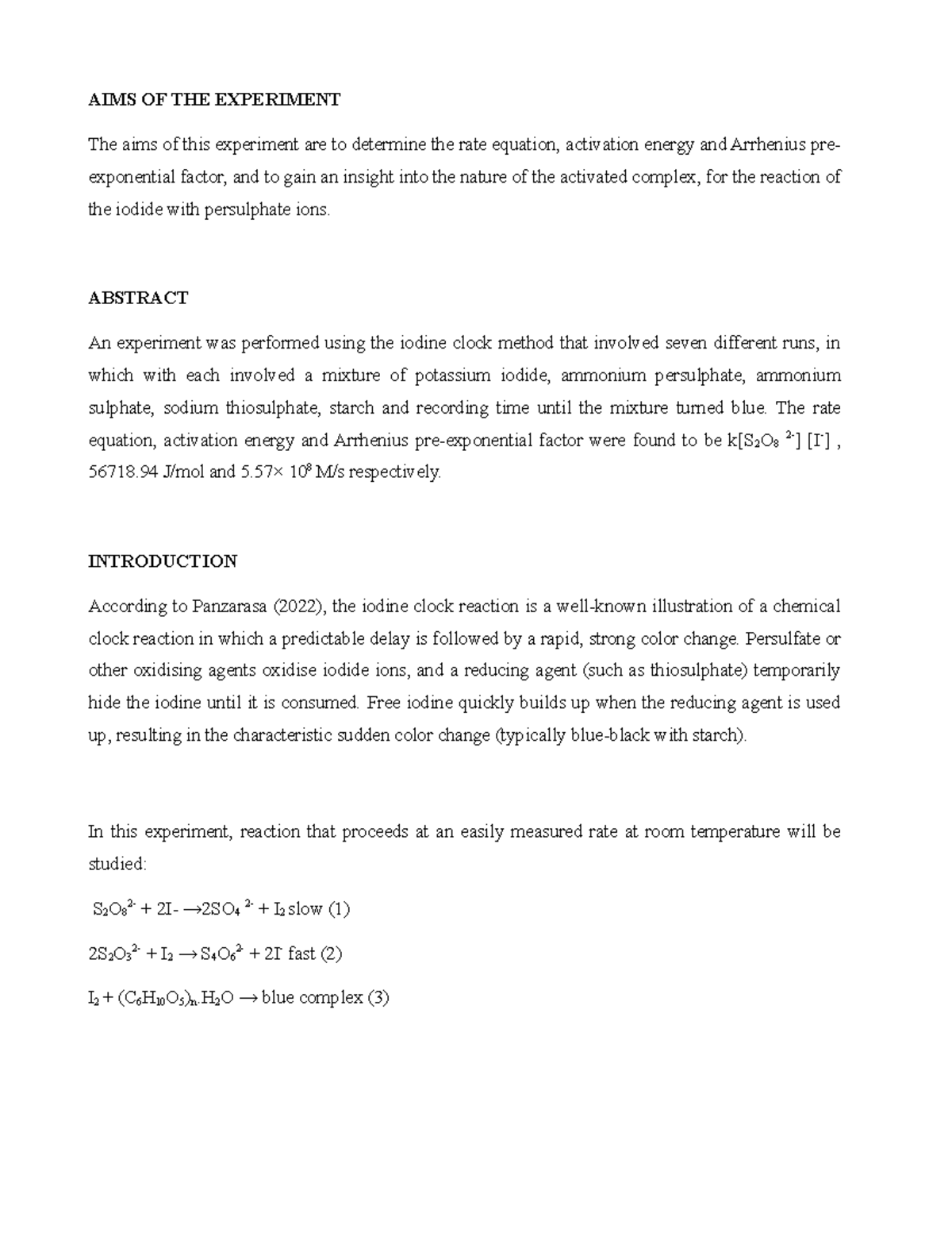 Exp 9: Iodine Clock Reaction - Kinetics Study and Analysis - Studocu