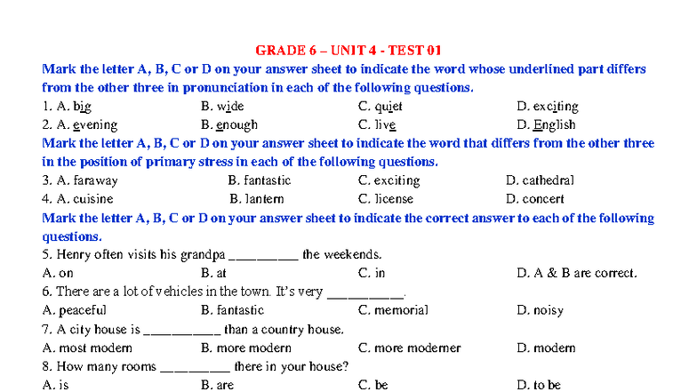 Grade 6 - Unit 4 - Test 01: Pronunciation & Stress Practice - Studocu