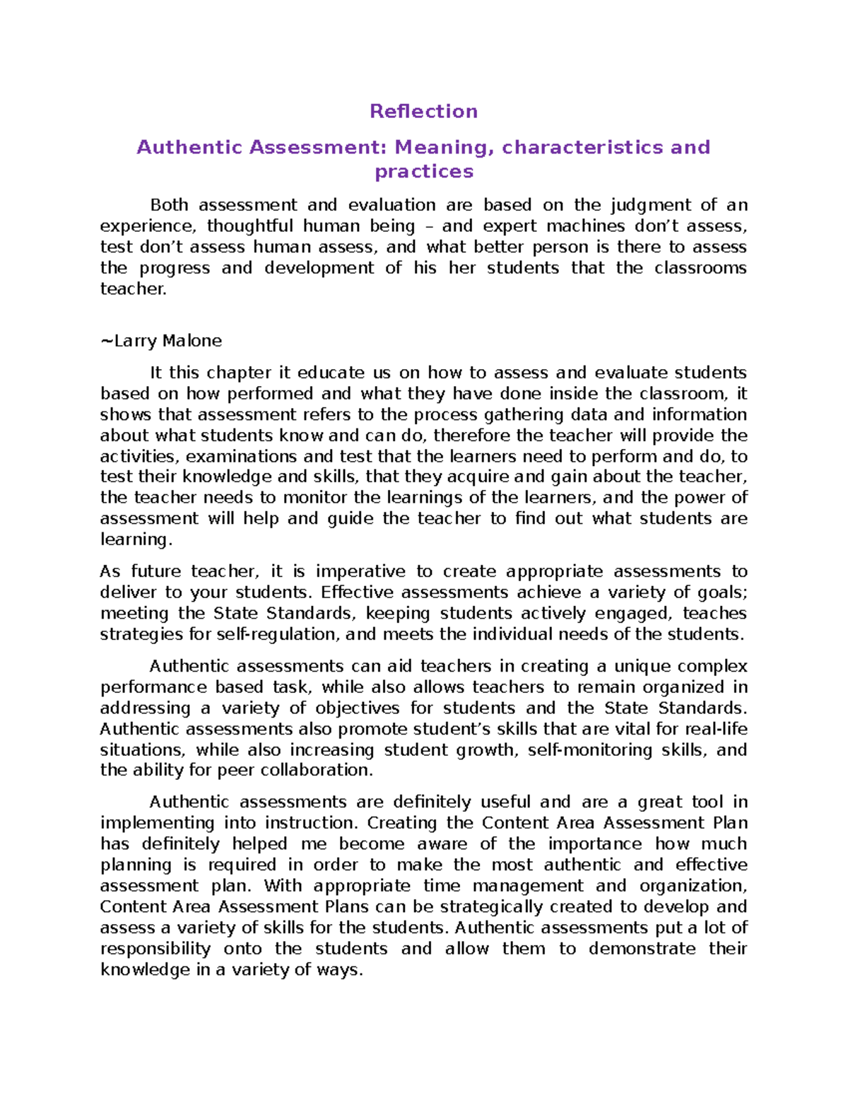 Authentic Assessment Meaning Characteristics And Practices Reflection Authentic Assessment